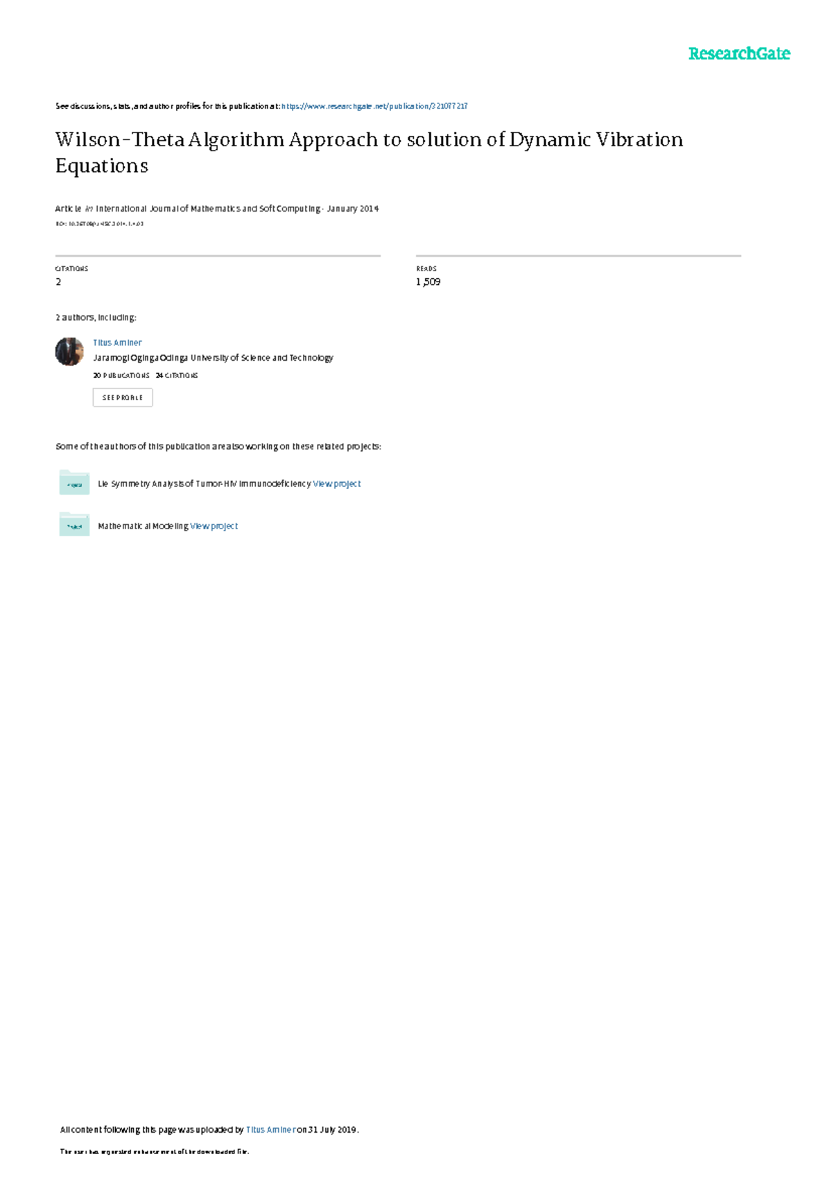 Wilson-Theta Algorithm Approachtosolutionof Dynamic Vibration Equations ...
