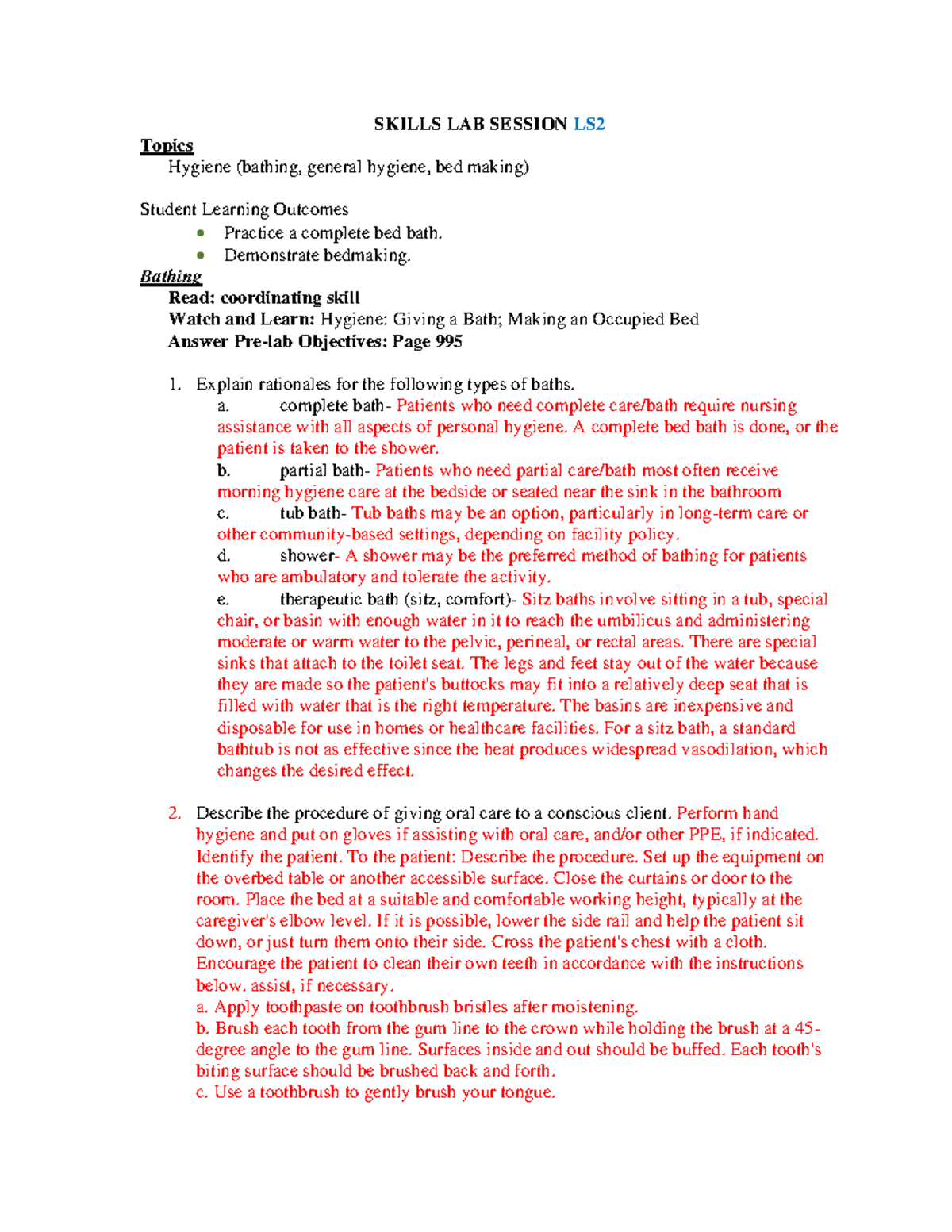 Skills LAB Session LS2 - Lab Assignment 2 - SKILLS LAB SESSION LS Topics Hygiene (bathing ...