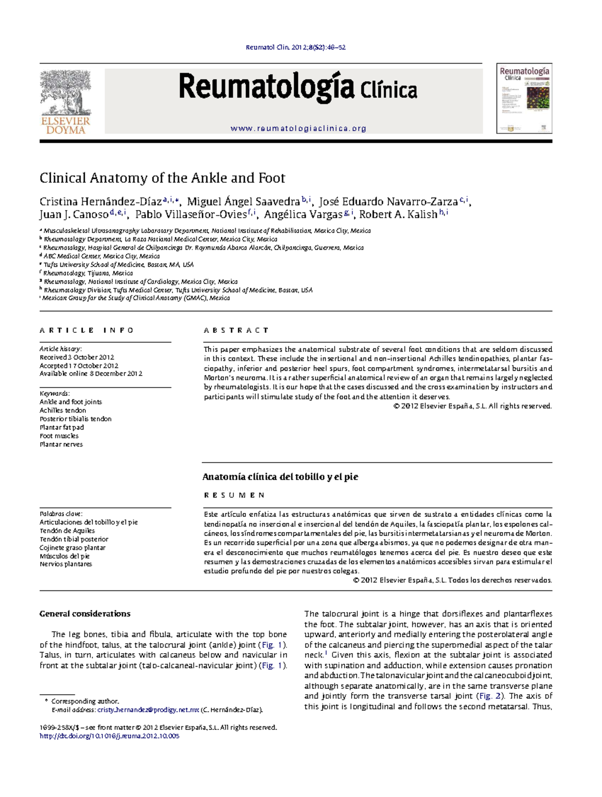 Clinical Anatomy of the Ankle and Foot - Reumatol Clin. 2012;8(S2):46 ...