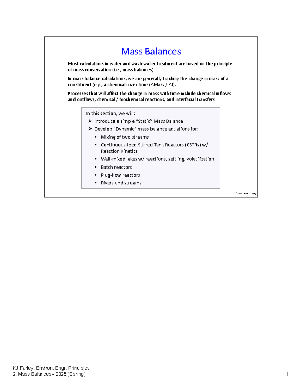Mass Balances in Water & Wastewater Treatment: Concepts & Examples (ENV ...