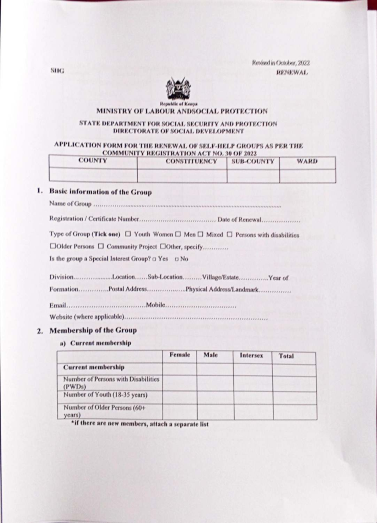 SHG RENEWAL Application Form - Kenya Ministry of Labour - Studocu