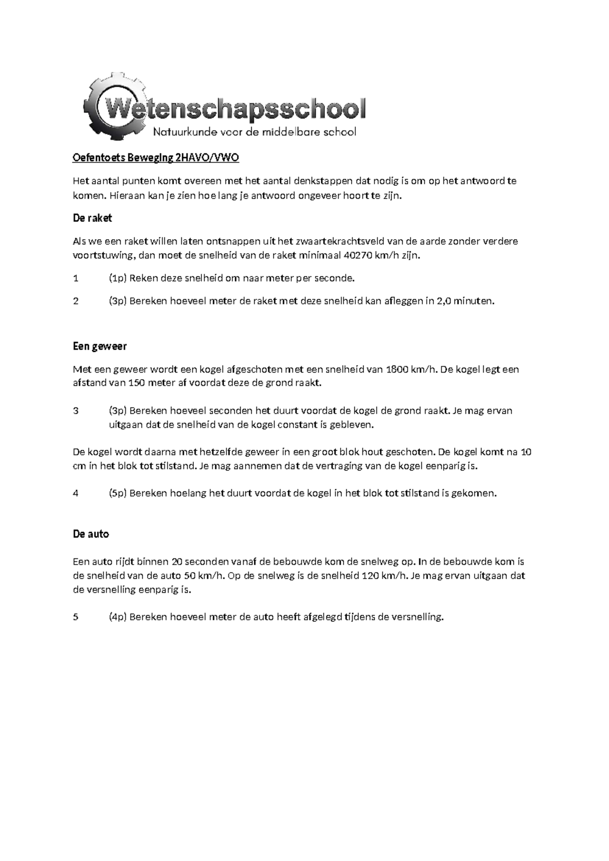 Klas2 H2 Beweging Oefentoets: Puntentelling en Berekeningen - Studeersnel