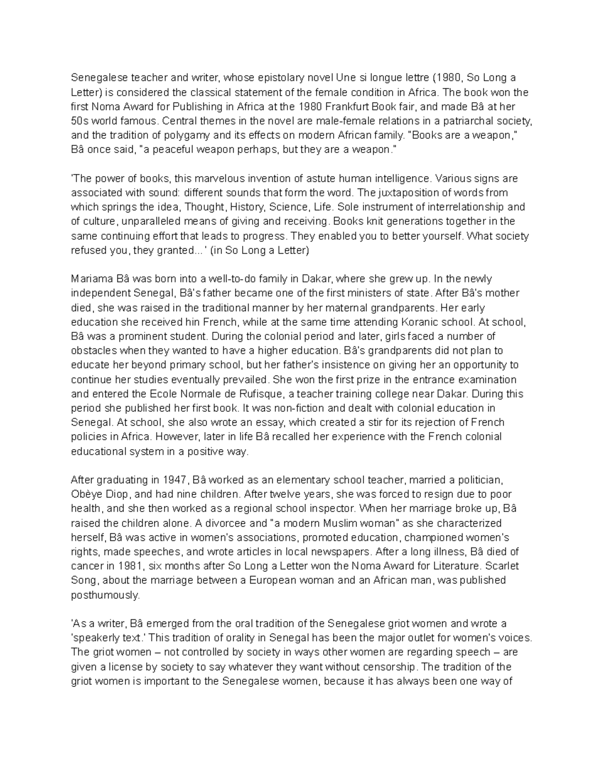 Reflective Essay on Mariama Ba's So Long a Letter [ESSAY] - Studocu