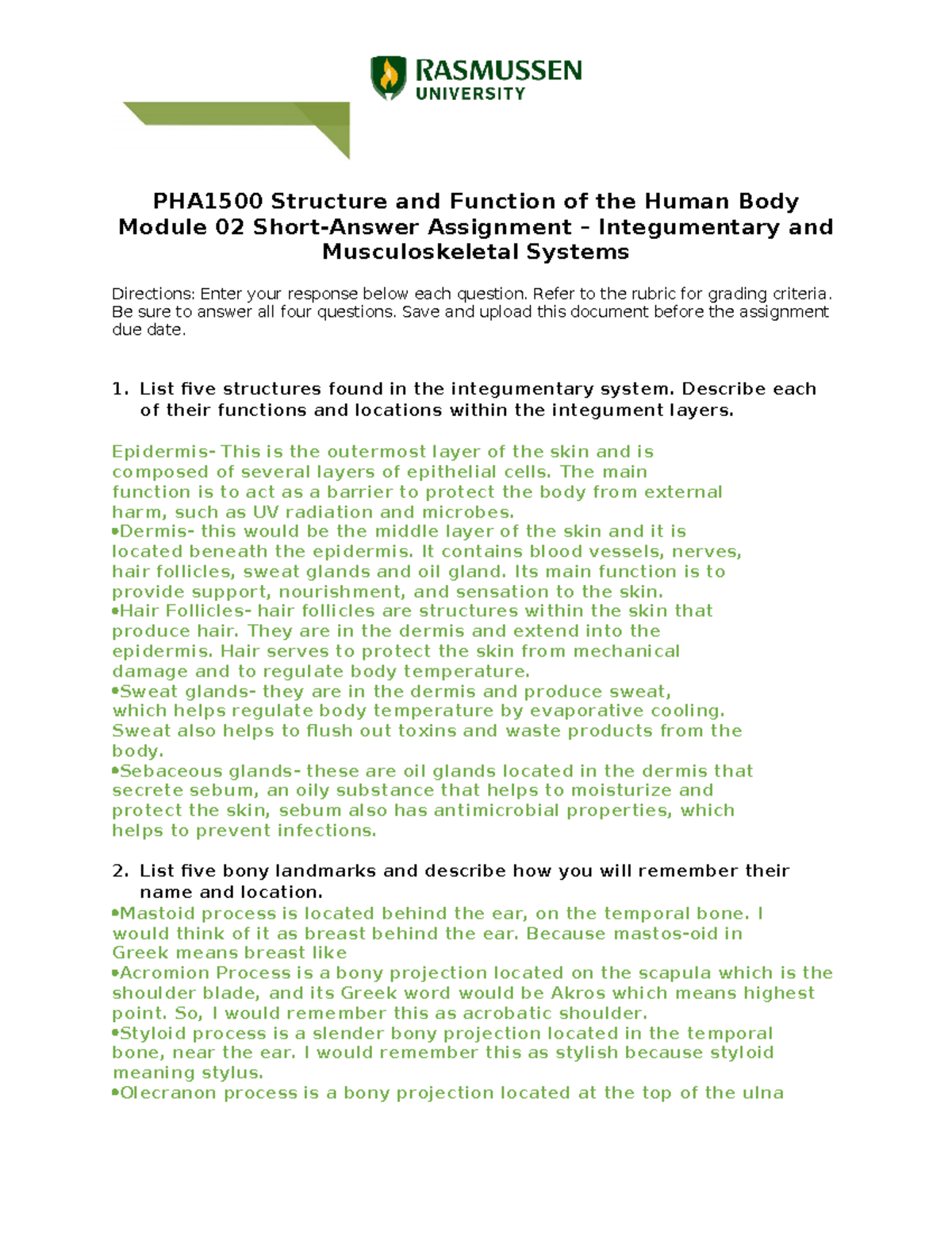 PHA1500 Module 02 Short-Answer Assignment on Integumentary ...