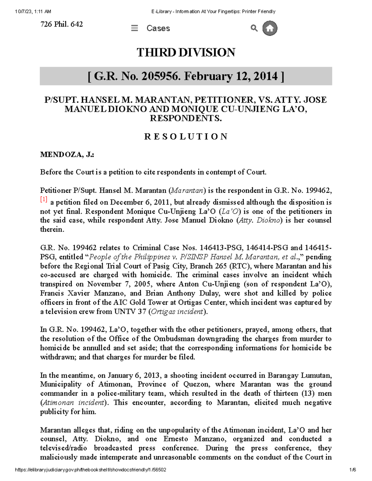 Marantan v. Diokno: G.R. No. 205956, Contempt Petition Resolution - Studocu