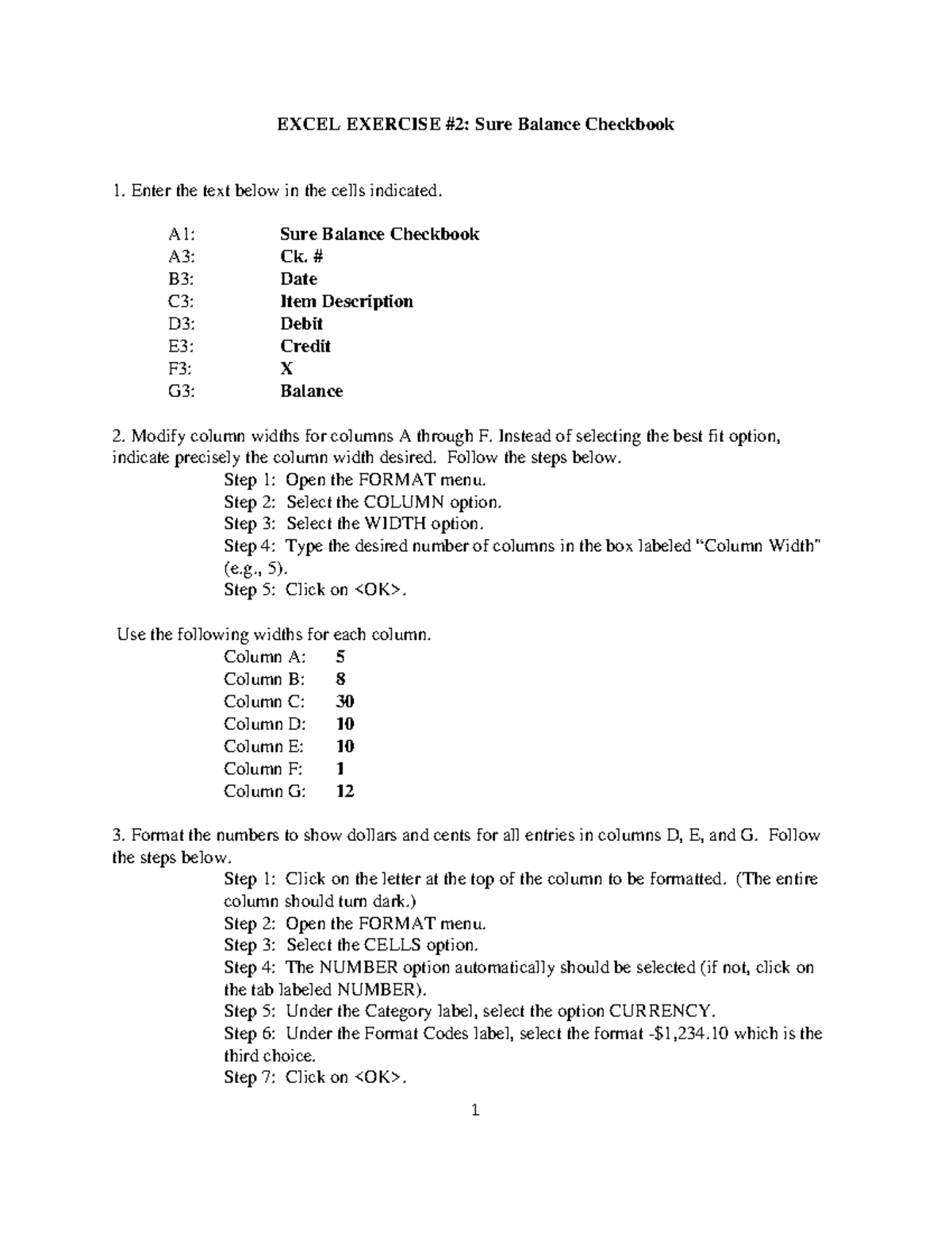 EXCEL EX 2: Sure Balance Checkbook Setup Guide - Studocu