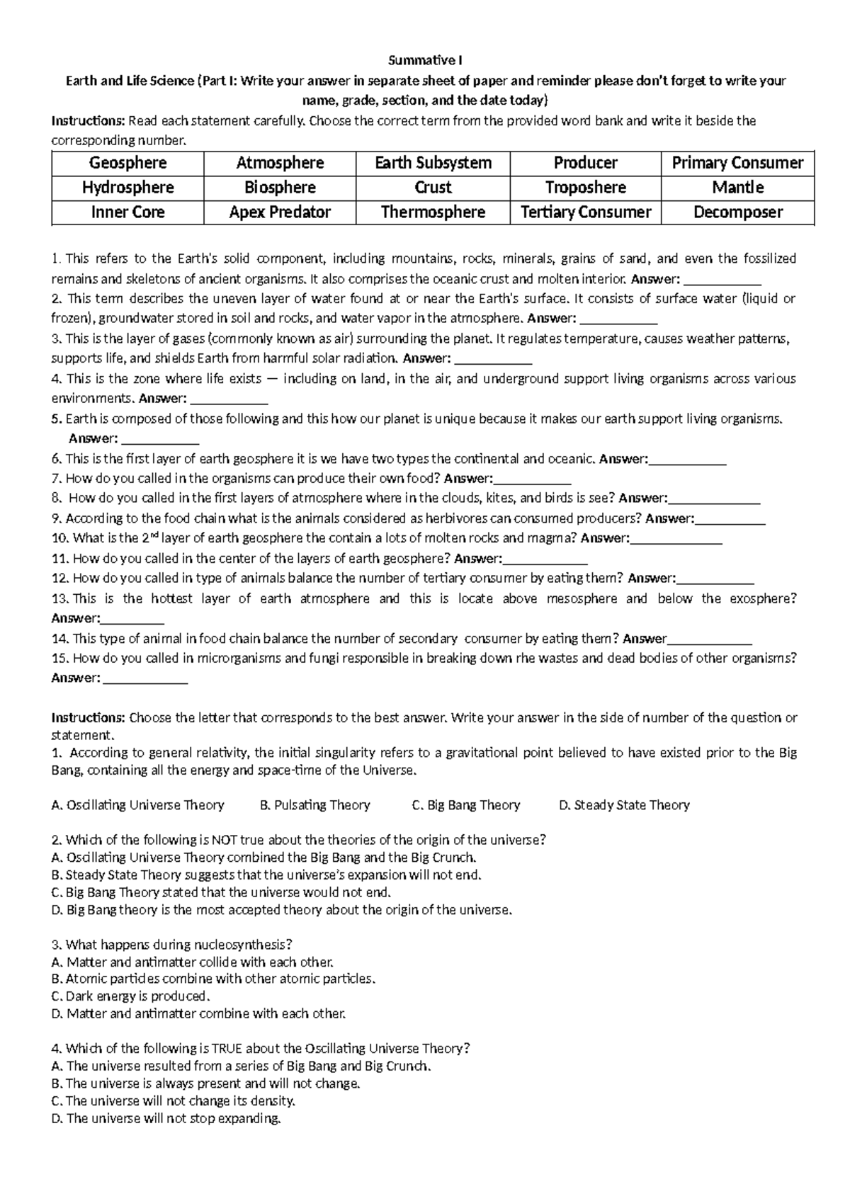 Assessment I: Earth and Life Science Summative Exam - Studocu