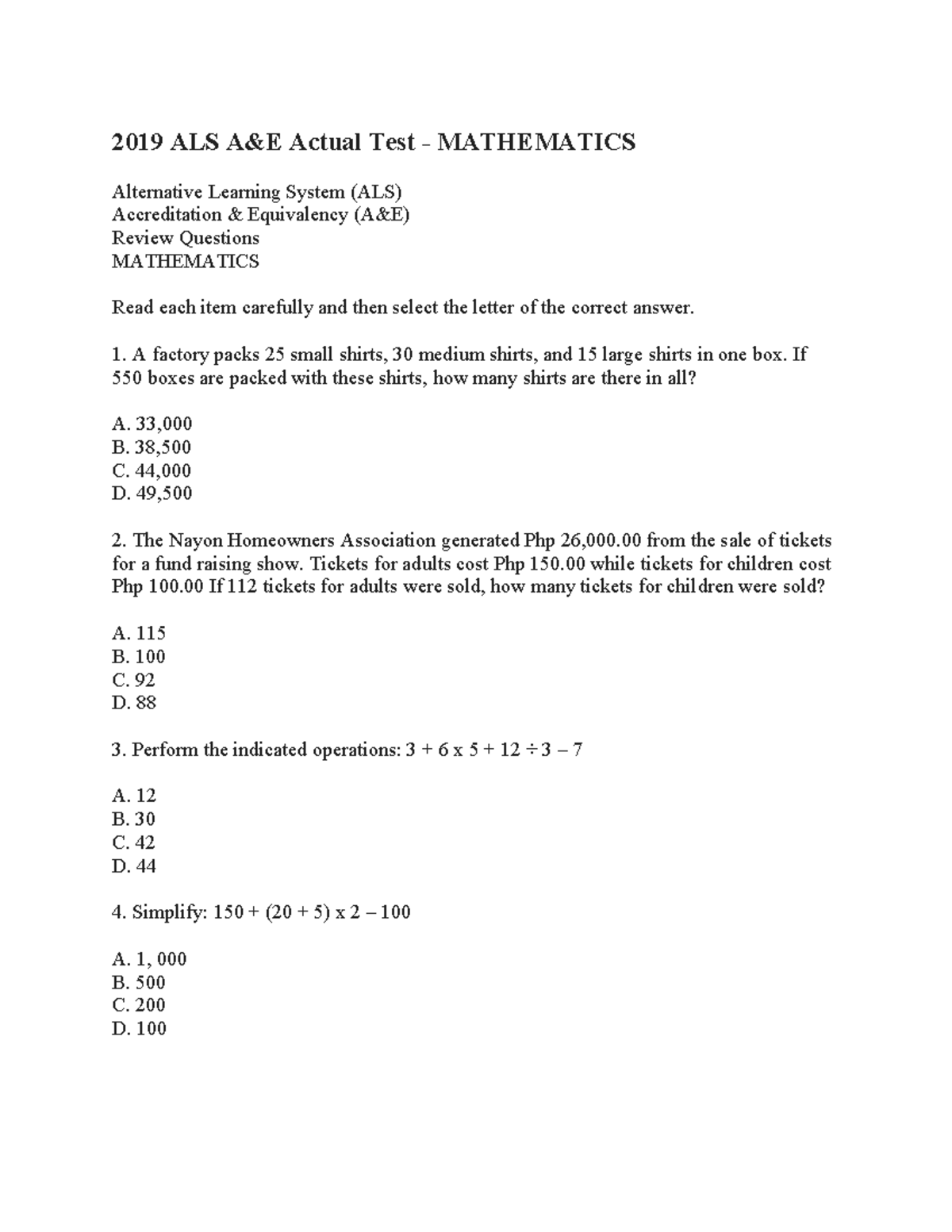 Reviewer IN MATH & FILIPINO: ALS 2019 Accreditation Equivalency Test ...