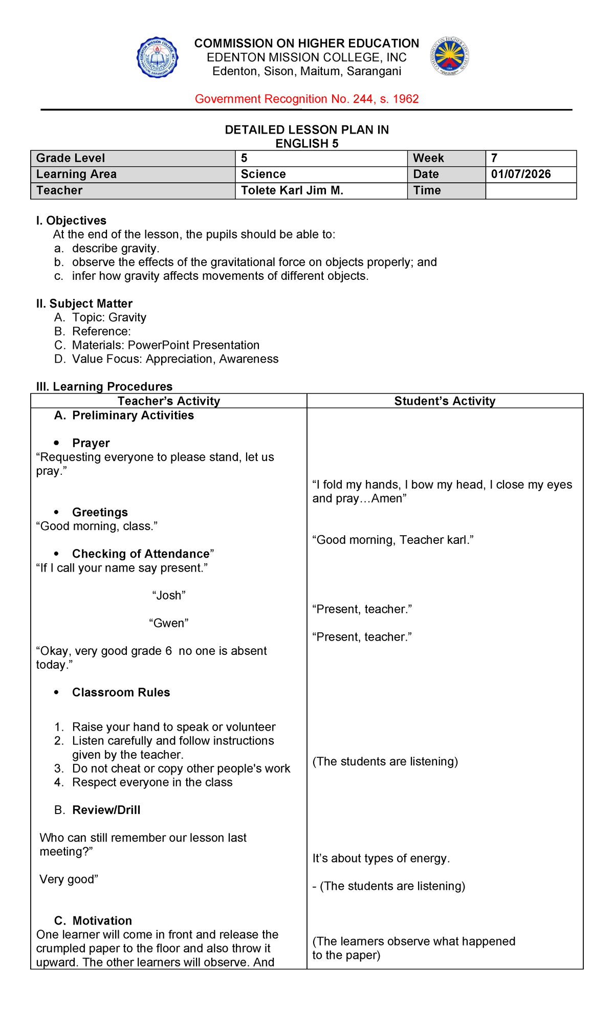 Detailed Lesson Plan in Science 5: Understanding Gravity - Studocu