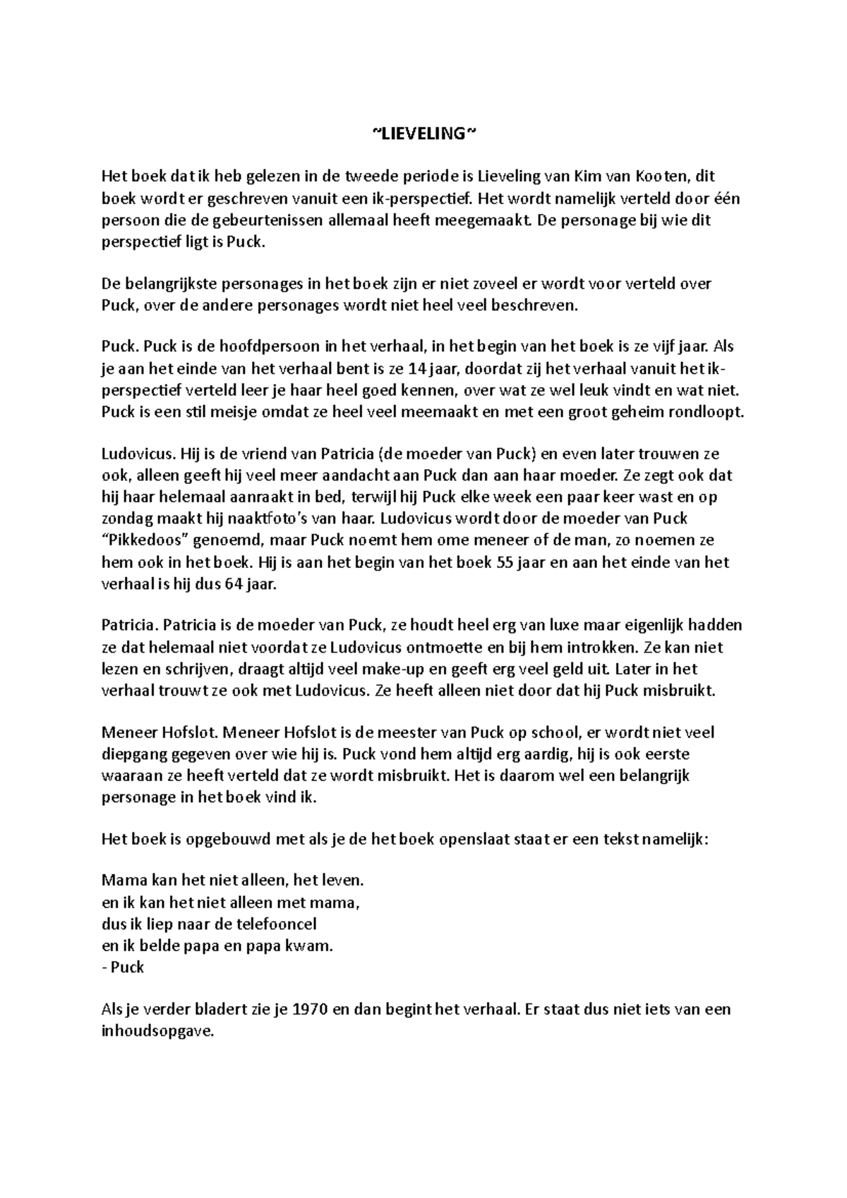 Analyse van het boek "Lieveling" van Kim van Kooten - Studeersnel