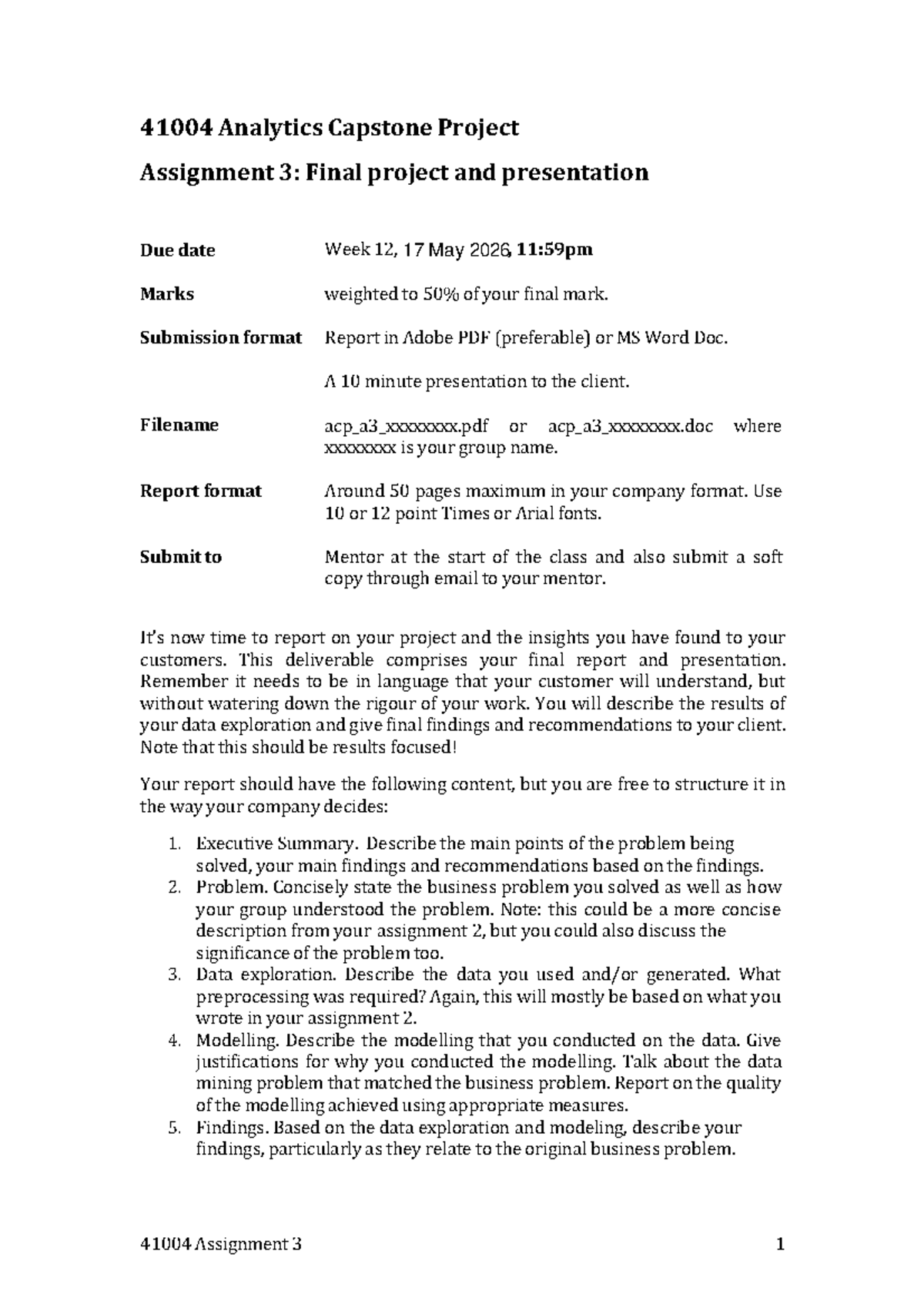 41004 Analytics Capstone Project Assignment 3: Final Report ...