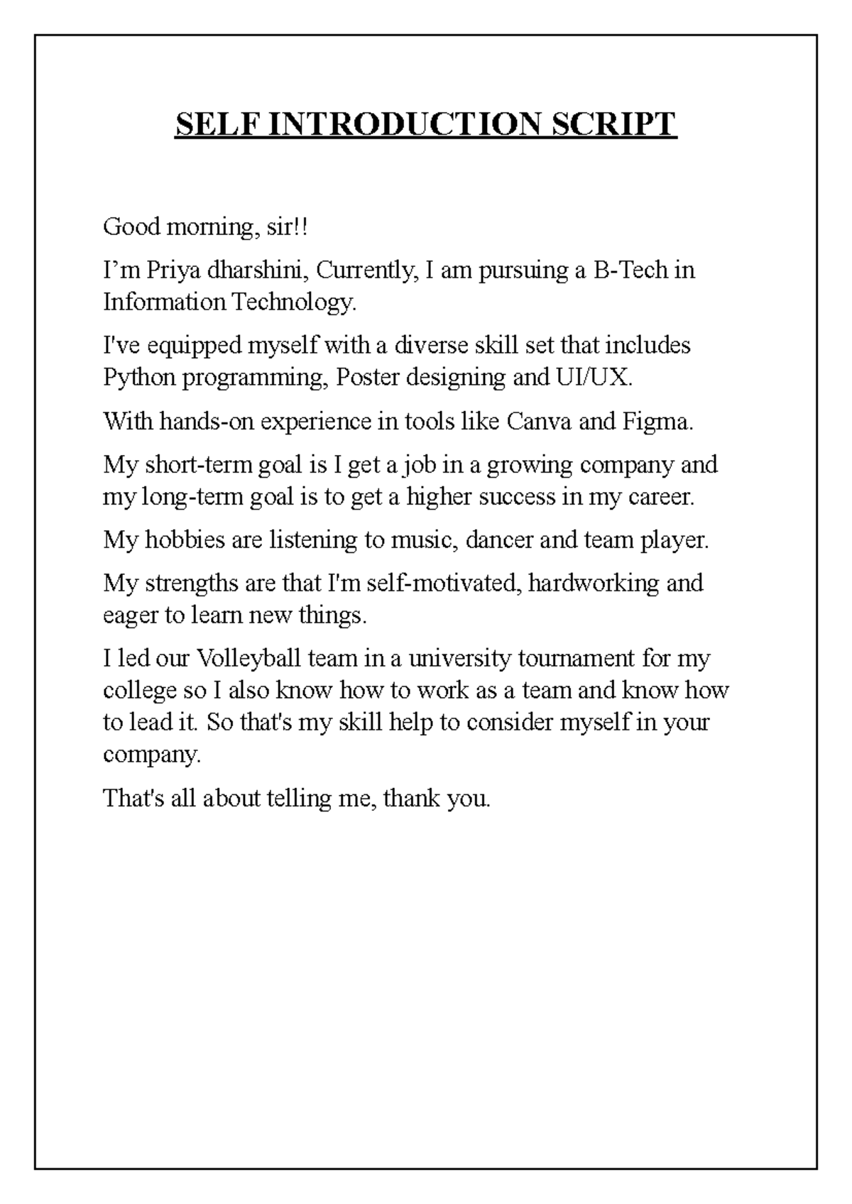 SELF Introduction Script - SELF INTRODUCTION SCRIPT Good morning, sir ...