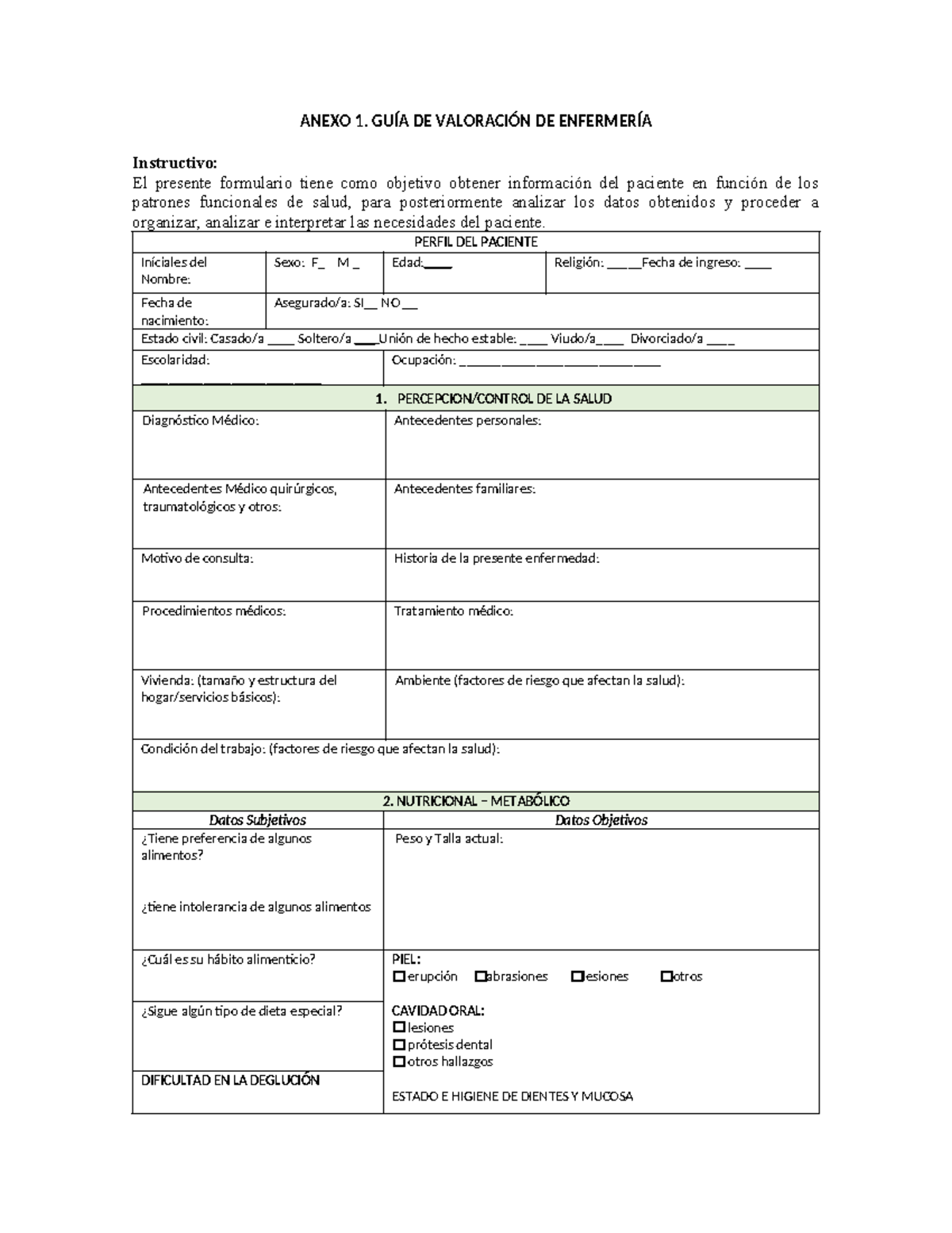 Guía de Valoración de Enfermería según Marjorie Gordon - Anexo 1 - Studocu