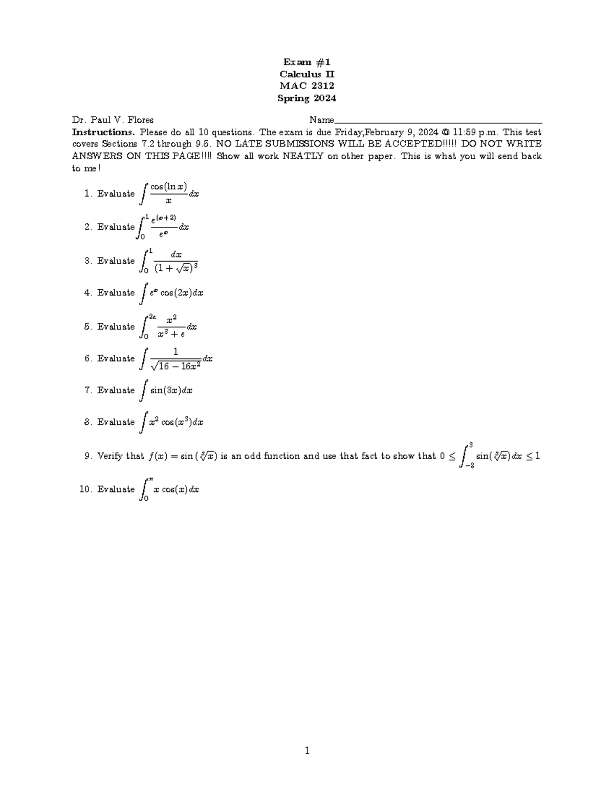 Calculus II Exam MAC 2312 Spring 2024 - Dr. Paul V. Flores - Studocu
