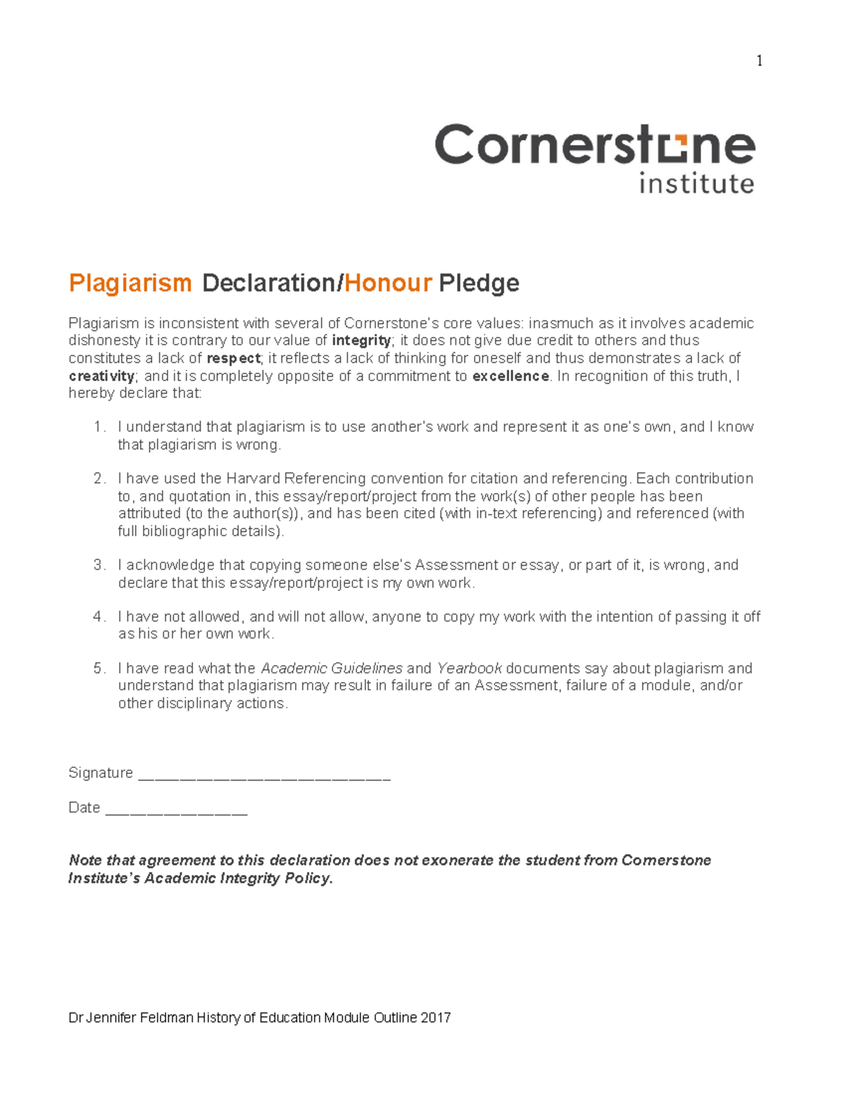 Plagiarism Declaration & Honour Pledge - Cornerstone Integrity Policy ...