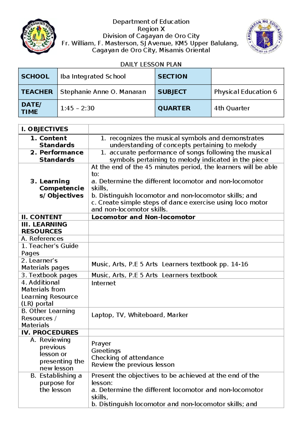 Physical Education 6 - lesson plan - Department of Education Region X ...