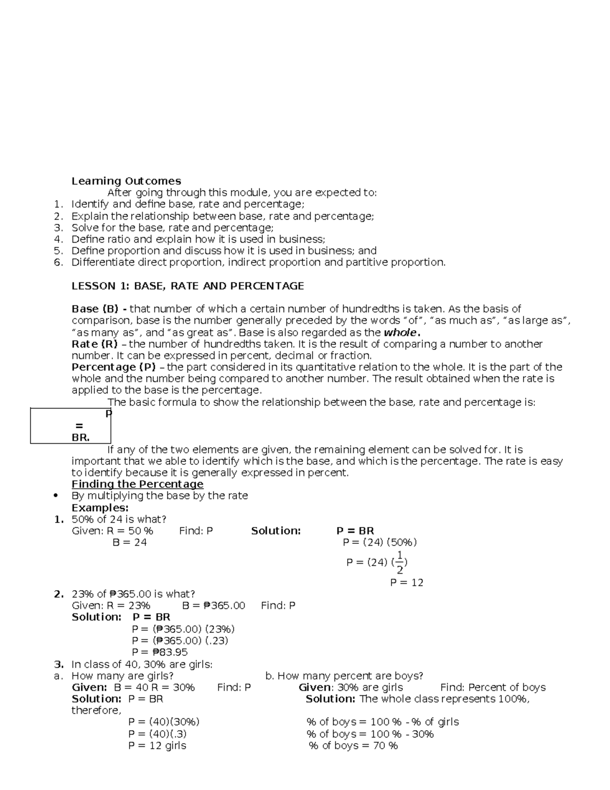 Grade 11 Business Math Module 2: Base, Rate, and Percentage Explained - Studocu