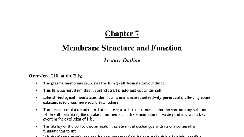Biol203 Chapter 7 - Membrane Structure & Function Lecture Notes - Studocu