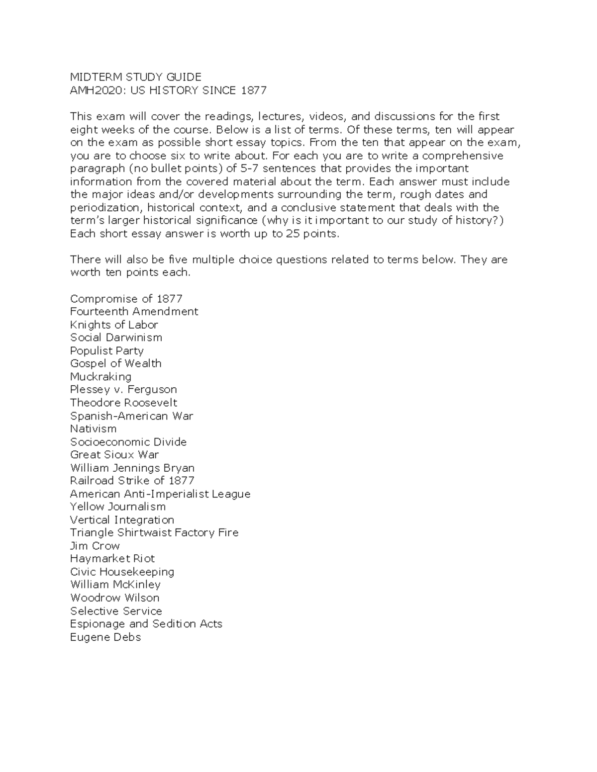 AMH2020 Midterm Study Guide LIVE Online - MIDTERM STUDY GUIDE AMH2020 ...