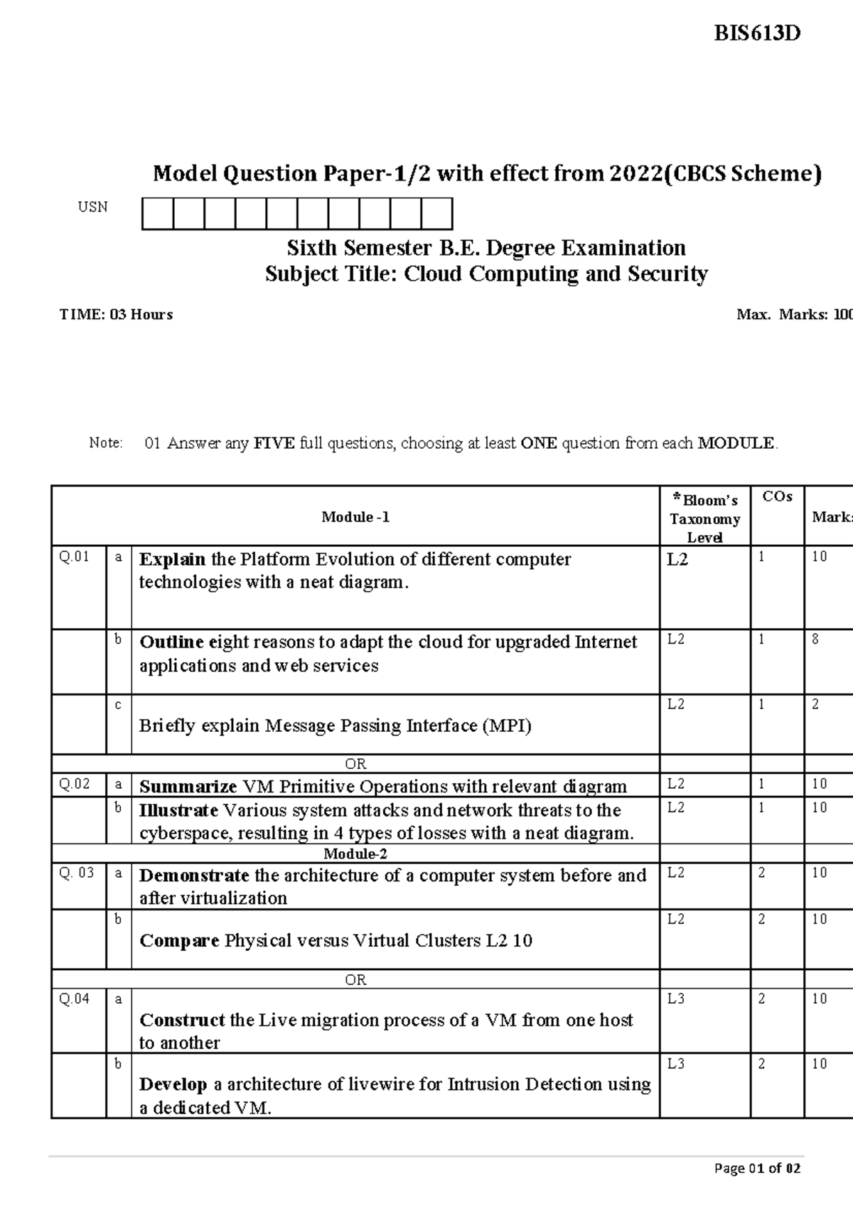 BIS613D Model Questions for Cloud Computing & Security (2022 CBCS ...