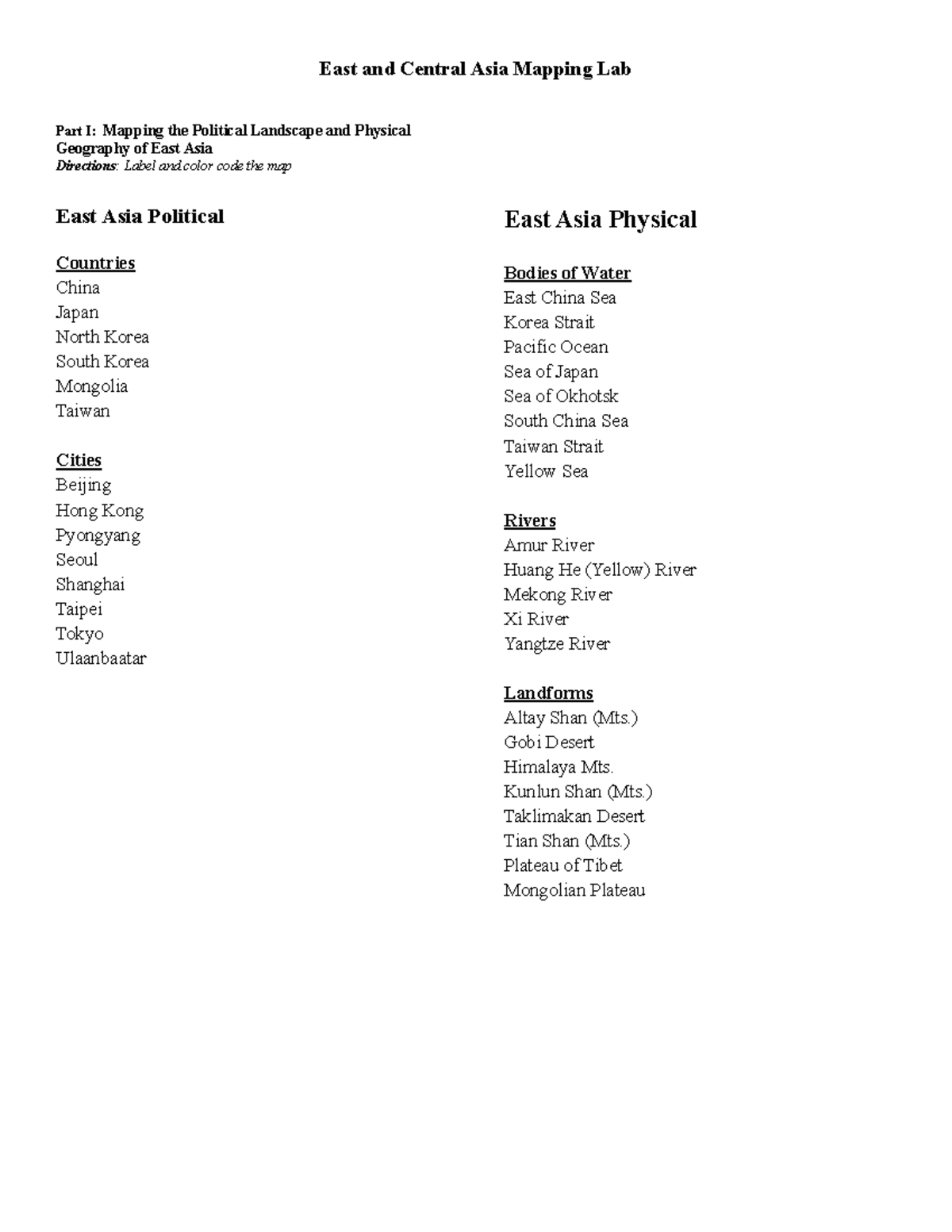 East & Central Asia Mapping Lab: Political & Physical Geographies - Studocu
