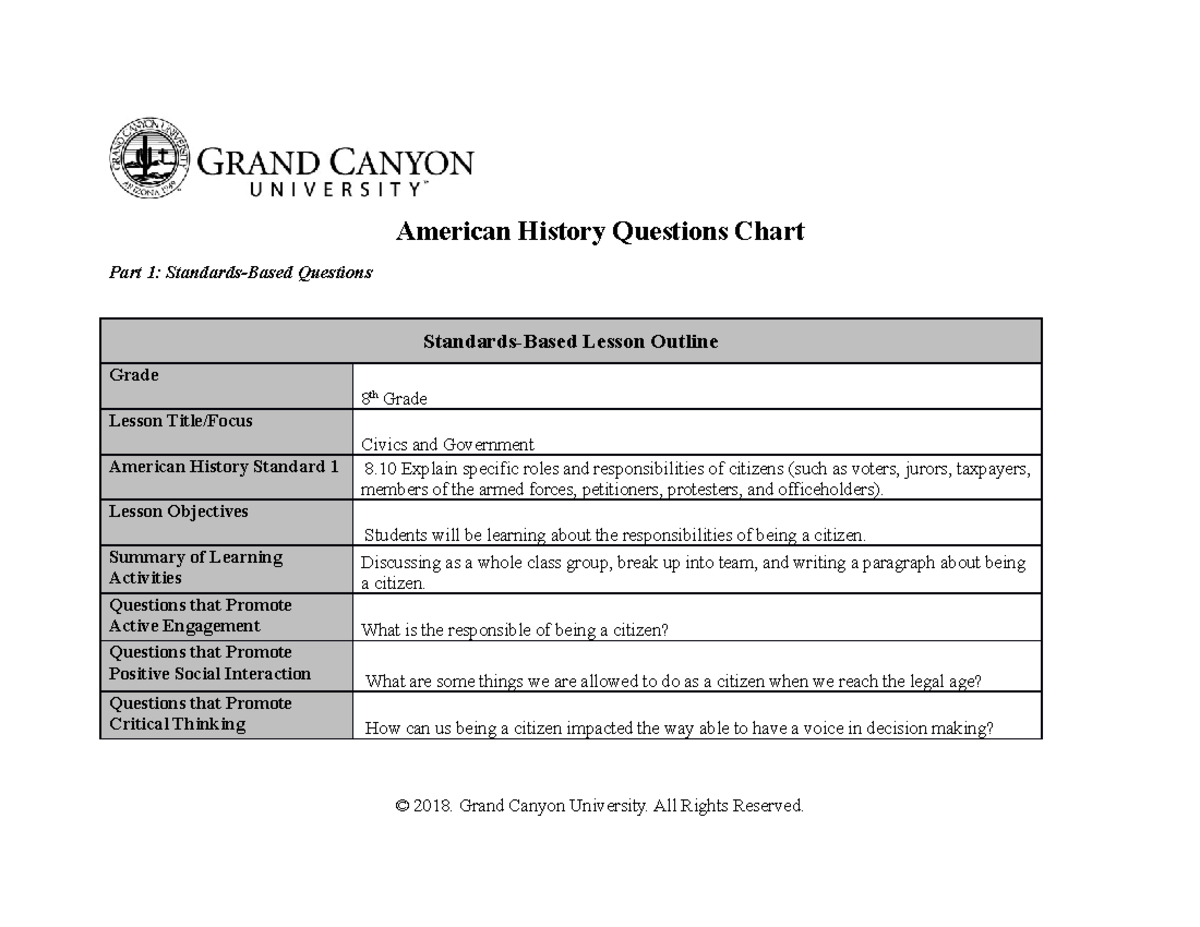 American History Standard Questions Chart for 8th Grade & K - Studocu
