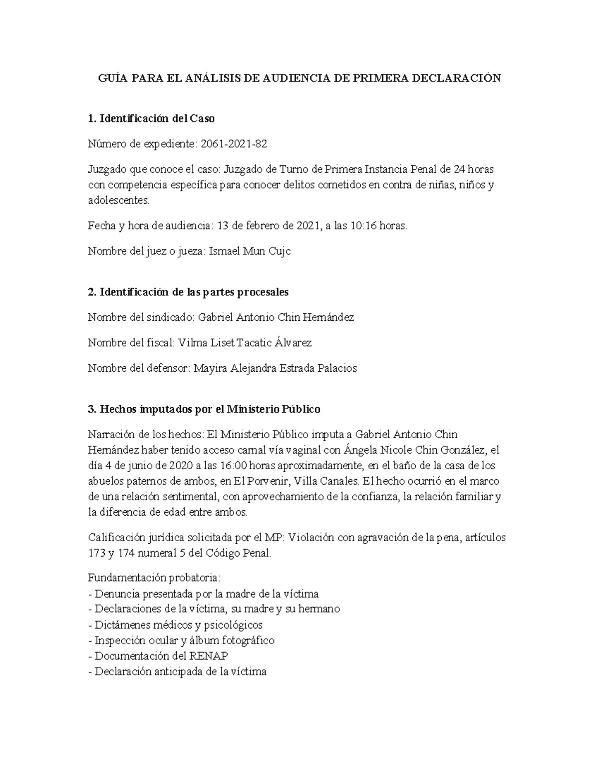 GUÍA DE ANÁLISIS DE AUDIENCIA DE PRIMERA DECLARACIÓN - GABRIEL CHIN ...