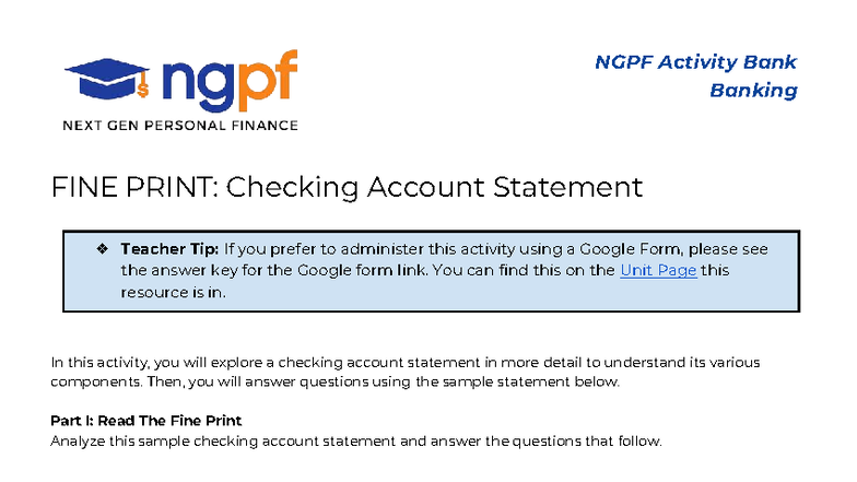 NGPF Activity Bank: FINE PRINT Checking Account Statement Analysis ...