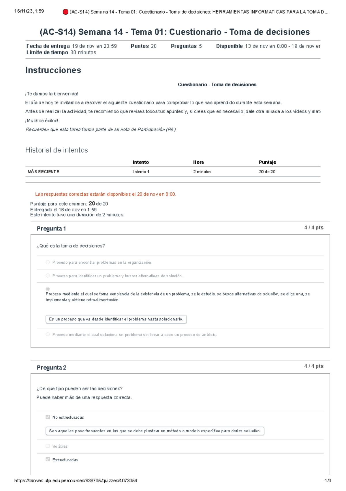 🔴 (AC-S14) Semana 14 - Tema 01 Cuestionario - Toma de decisiones Herramientas Informaticas PARA ...