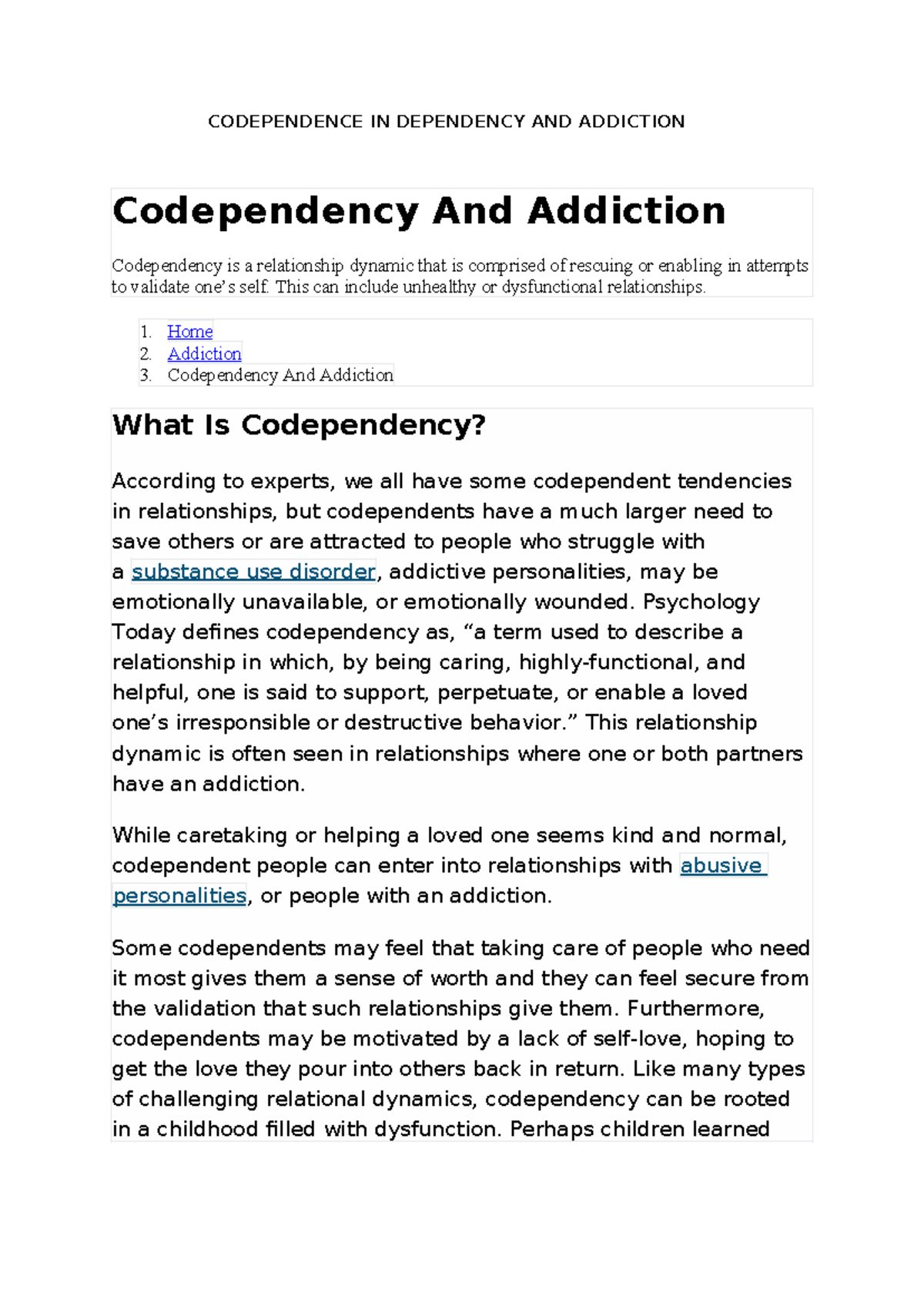 Codependency in addiction - CODEPENDENCE IN DEPENDENCY AND ADDICTION ...