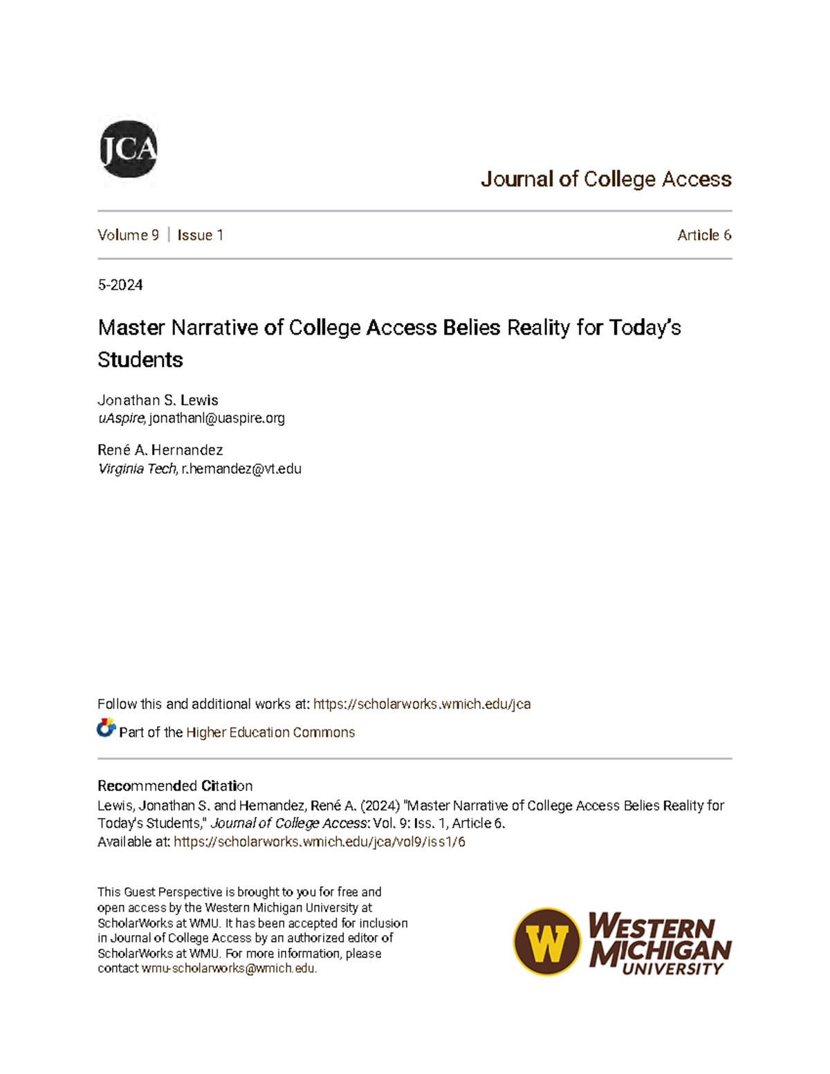Master Narrative of College Access: Realities for Today's Students (JCA ...