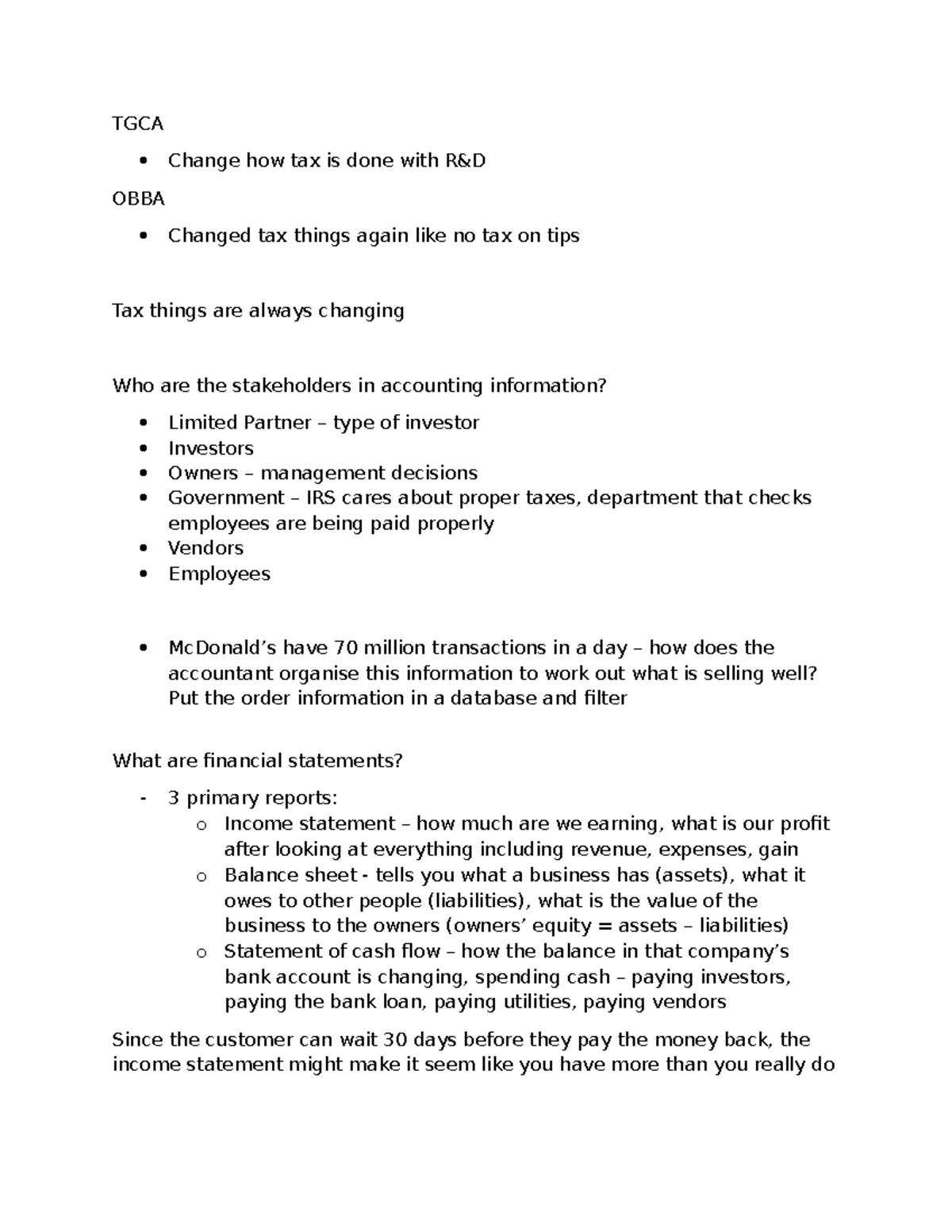 TGCA Notes on Tax Changes and Financial Statements Analysis - Studocu