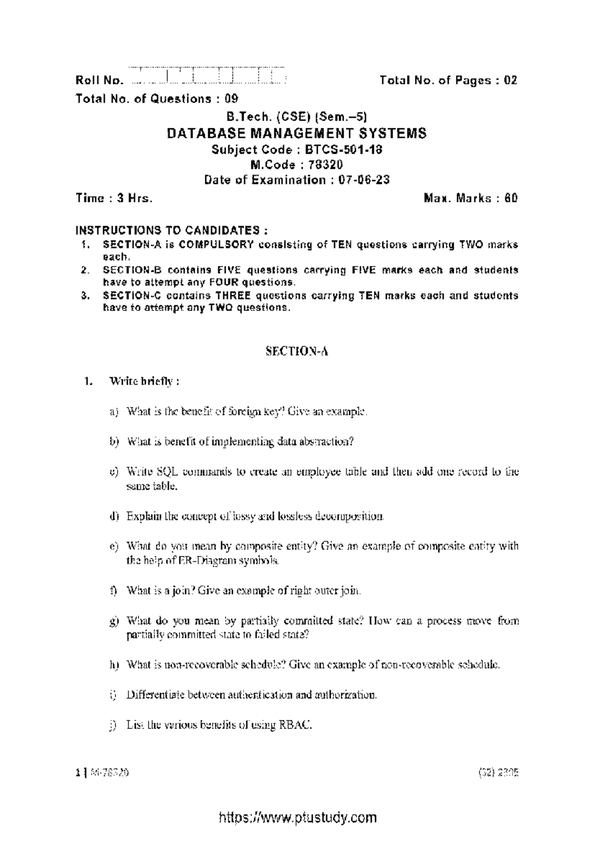 B.Tech CSE 5th Sem DBMS Exam Q&A - M.Code 78320 June 2023 - Studocu