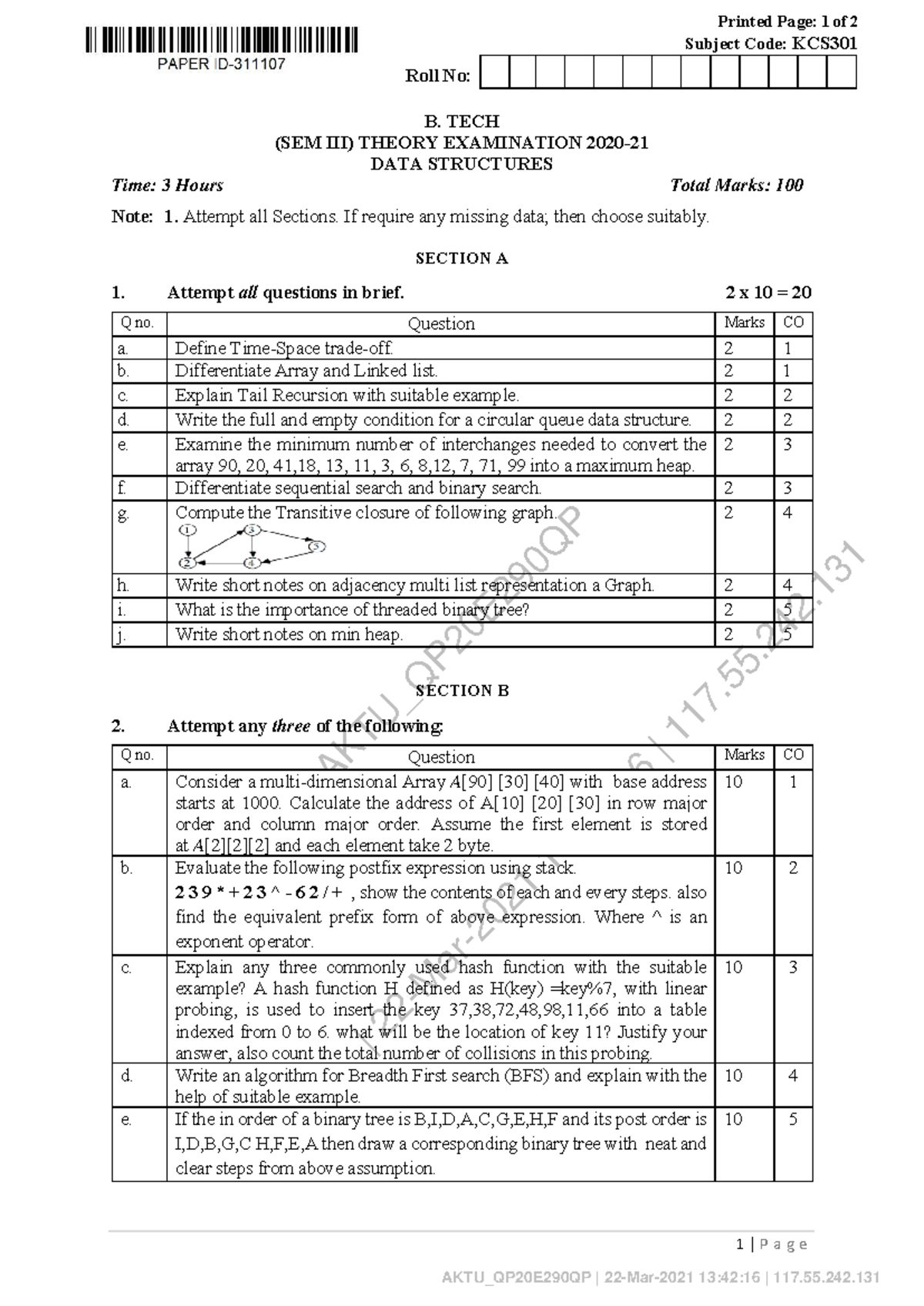 DATA Structures KCS 301 1 - AKTU_QP20E290QP | 22-Mar-2021 13:42:16 ...