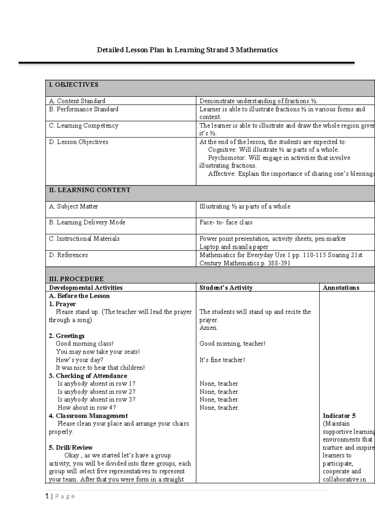 Detailed Lesson Plan: Illustrating Fractions ½ in Math I - Studocu