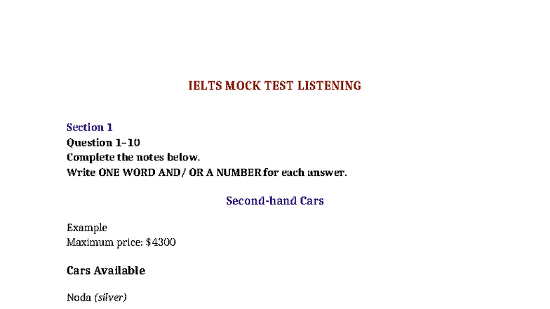 IELTS MOCK TEST Listening Practice: Section 1 Notes Completion - Studocu