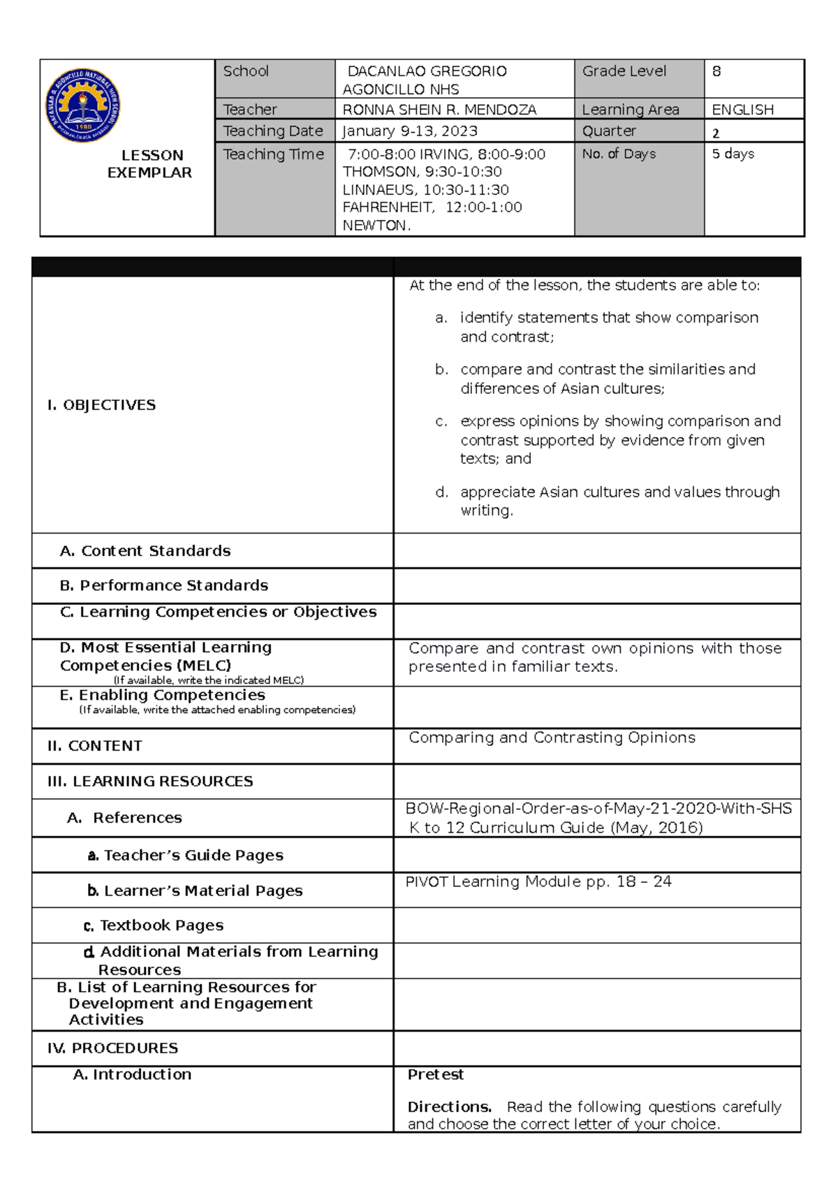 Lesson Exemplar Comparing and Contrasting Opinions - LESSON EXEMPLAR ...