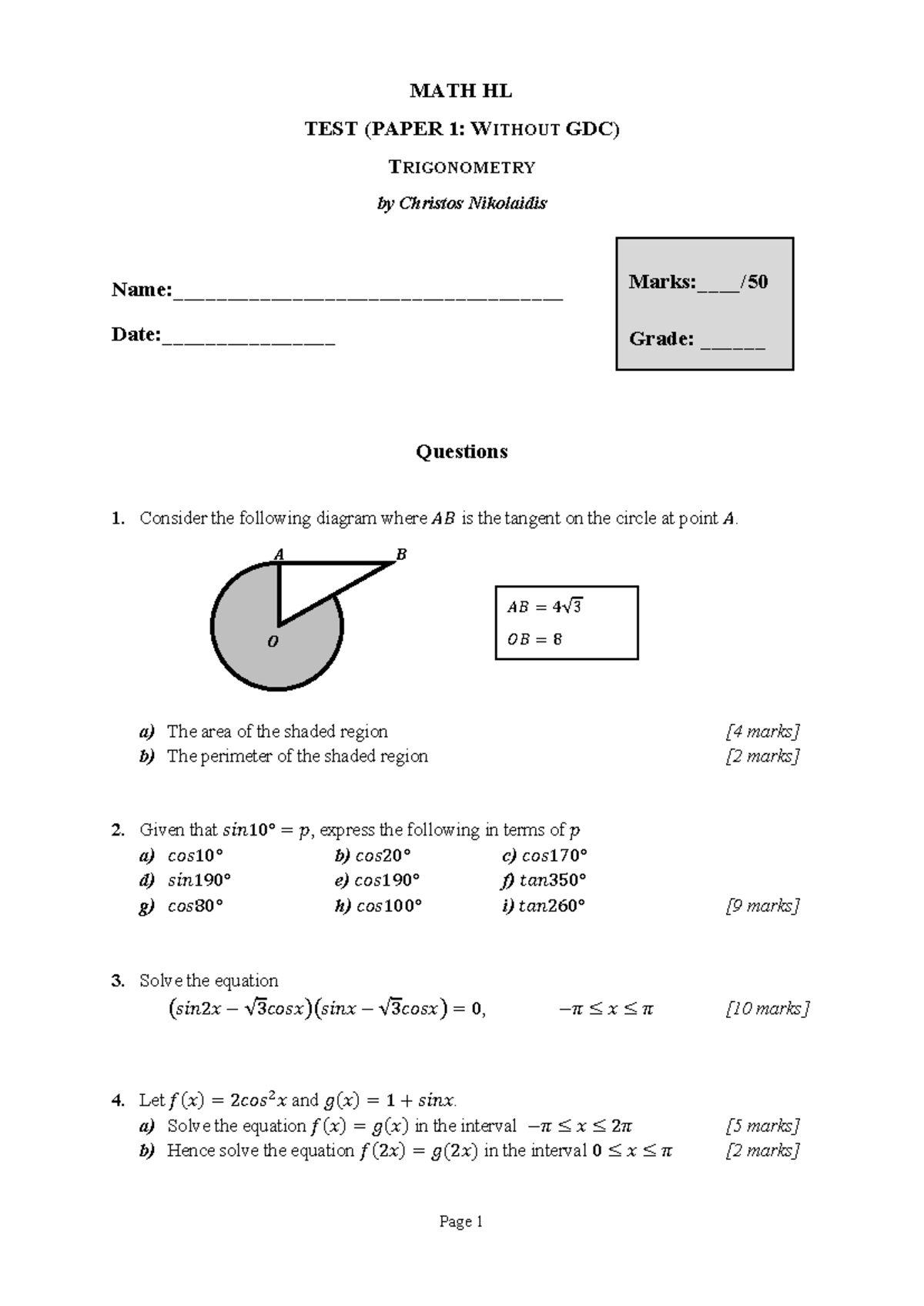 MATH HL TEST (P1: NO GDC) - Trigonometry Exam Questions - Studocu