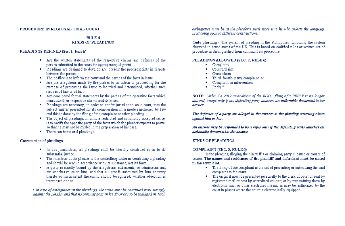 CIV PRO RULE 6-7 - Comprehensive Guide to Pleadings in Court - Studocu