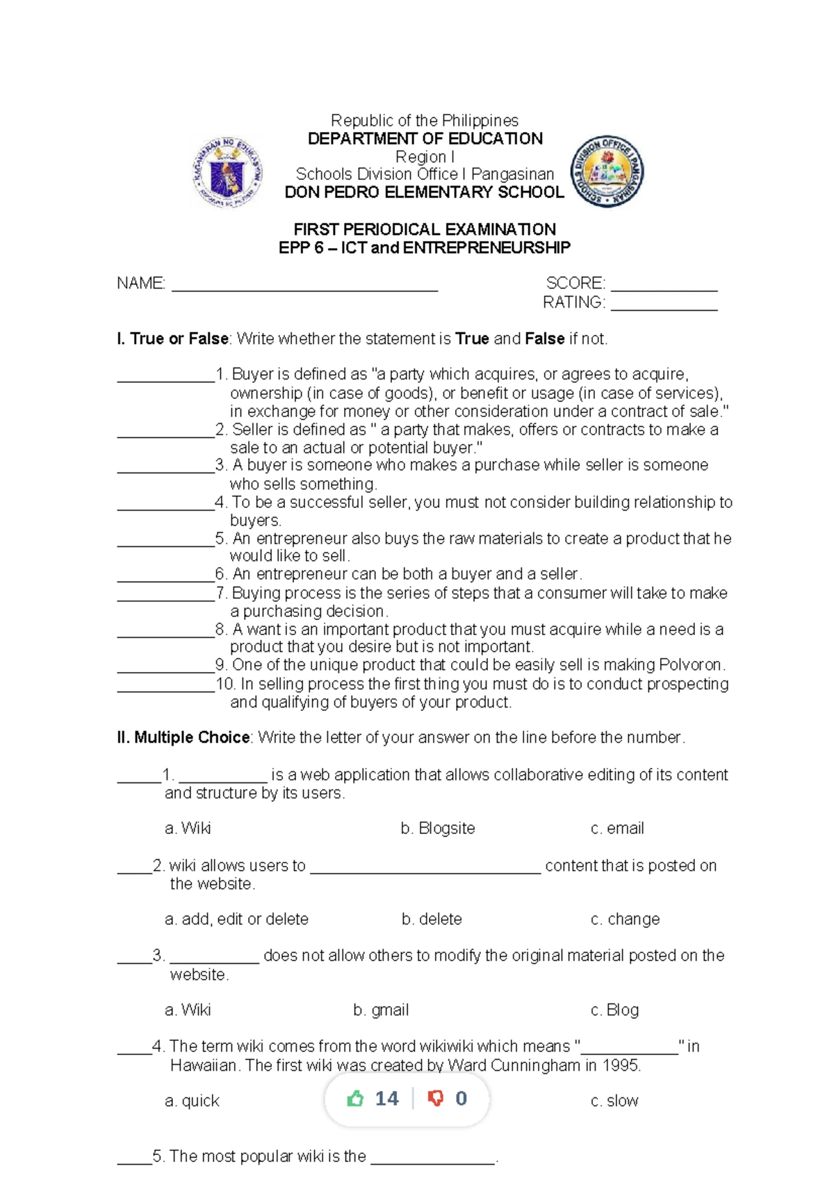QUIZ esp w1-2 - For Grade 6 - QUIZ # 1 EDUKASYON SA PAGPAPAKATAO 6 ...