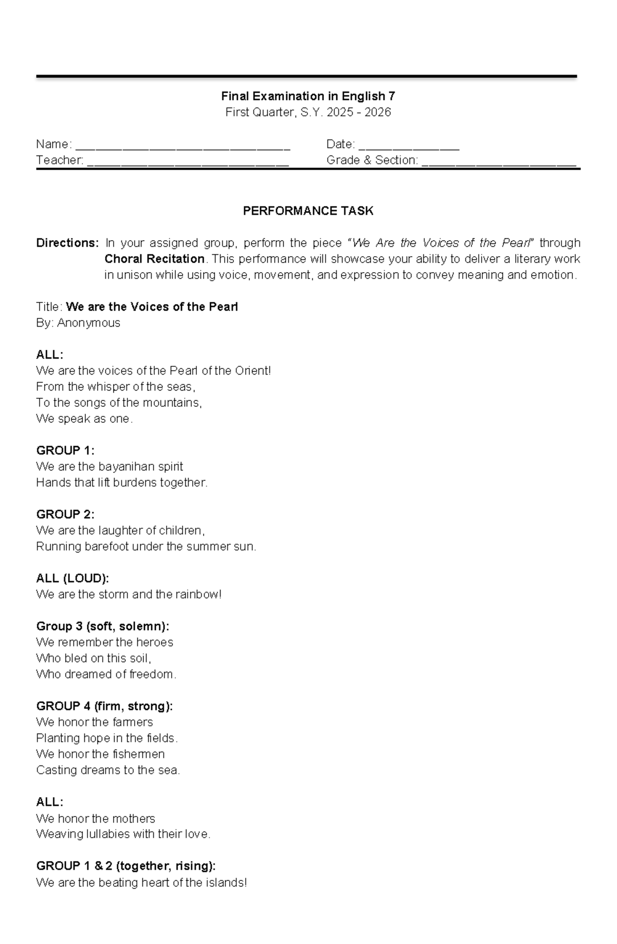 Final Exam Performance Task: Choral Recitation in English 7 - Studocu