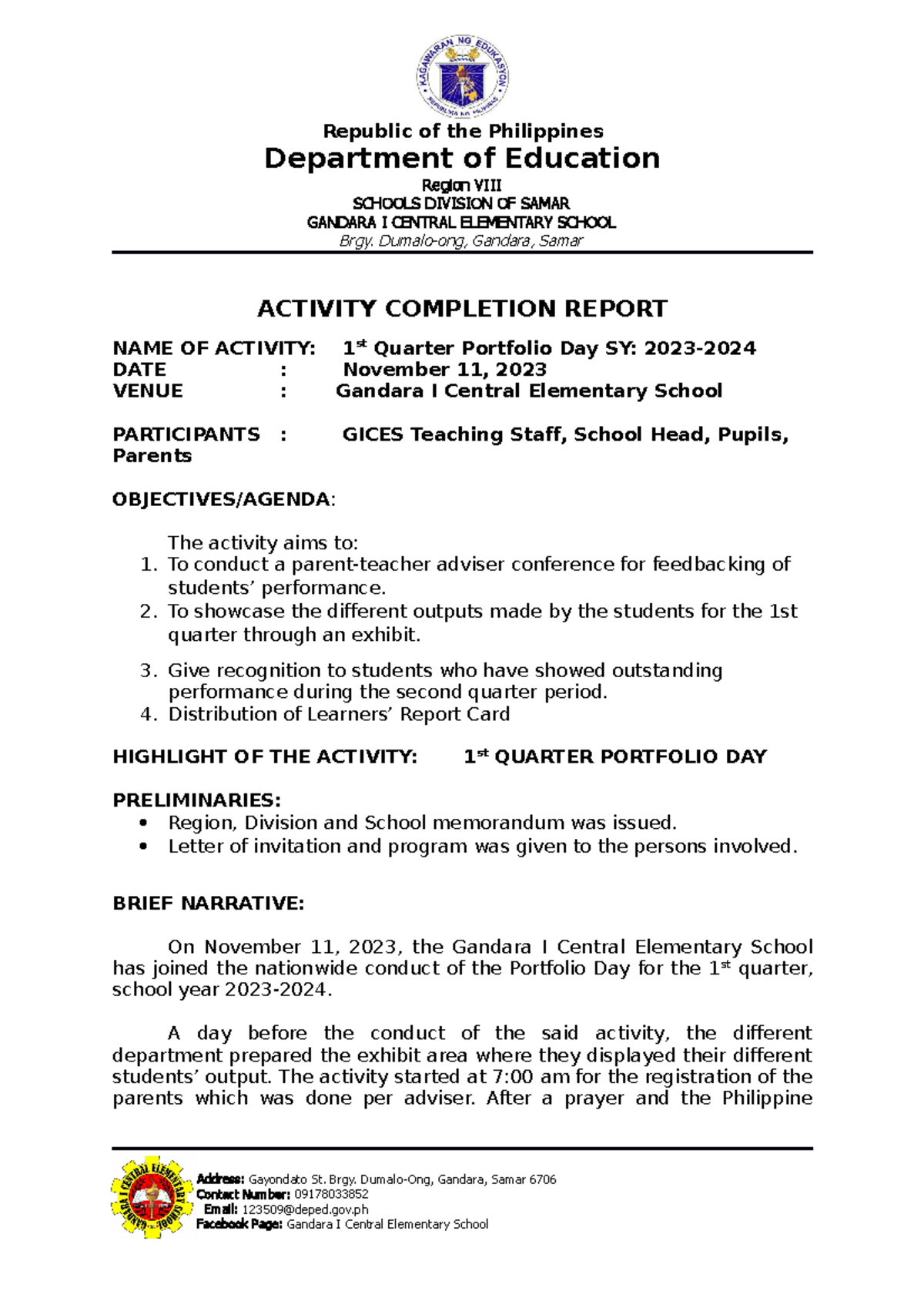 1st Quarter Portfolio Day Completion Report - GICES 2023-2024 - Studocu