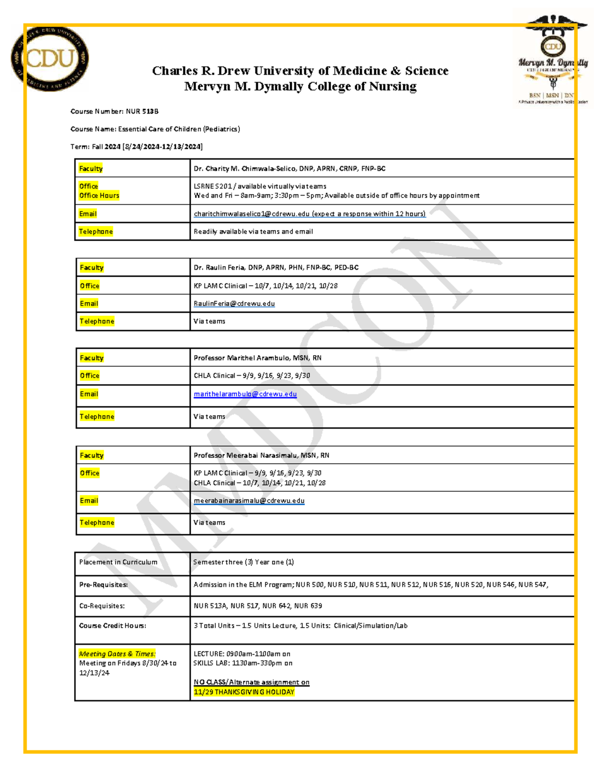 PEDS NUR 513B - Essential Care of Children Syllabus Fall 2024 - Studocu