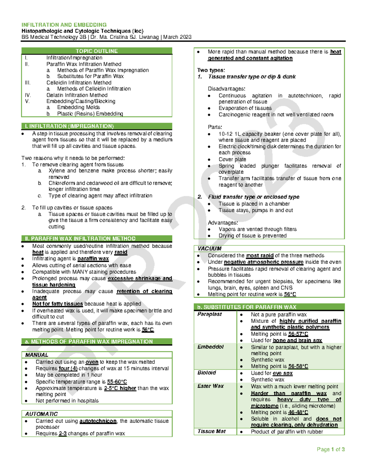 Histopath - Infiltration & Embedding Techniques in MT 3B Lecture - Studocu