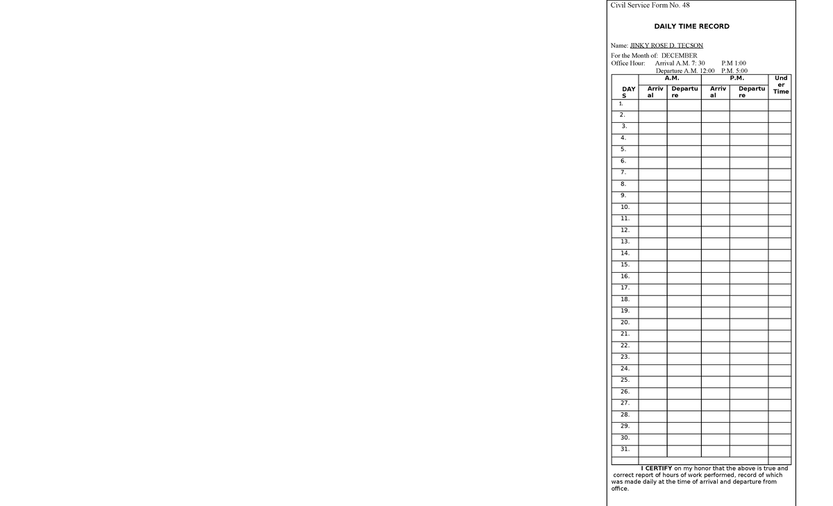 DTR-LVAA-2020 - DTR - Civil Service Form No. 48 DAILY TIME RECORD Name ...