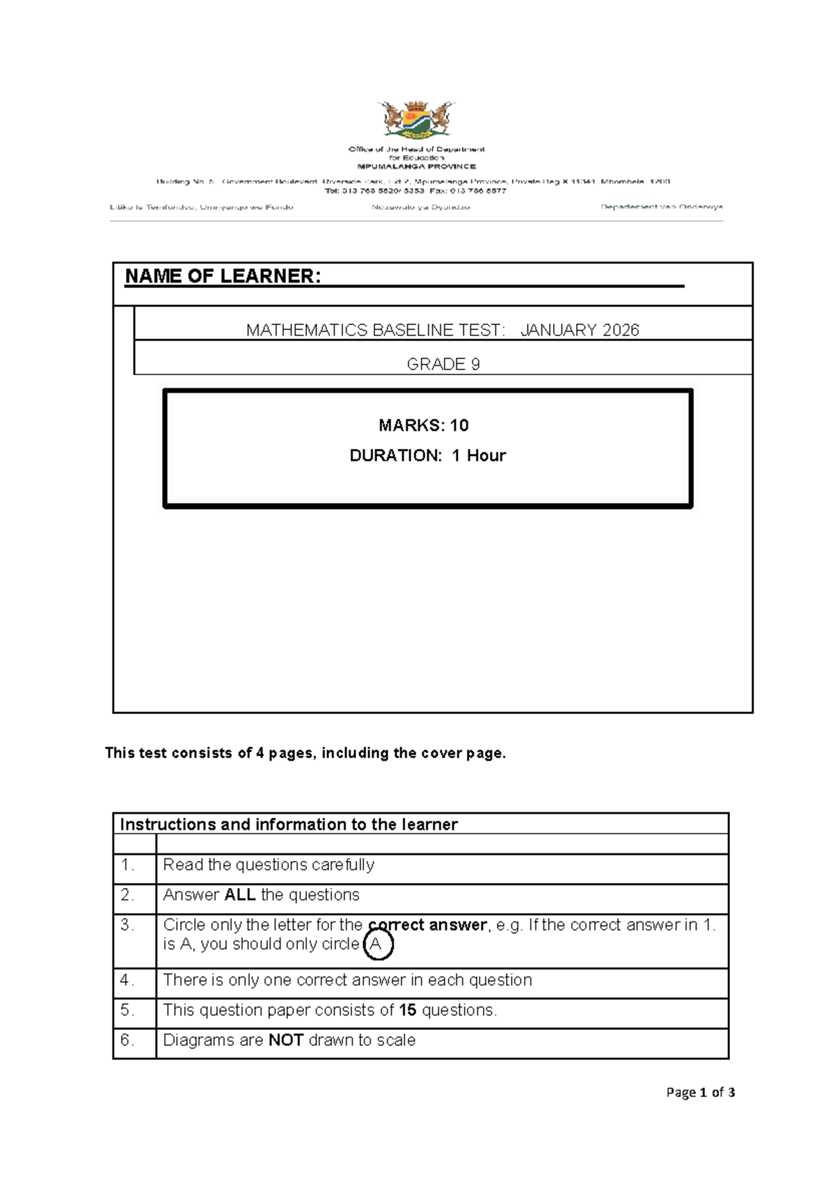 2026 Grade 9 Mathematics Baseline Test - Term 1 - Studocu