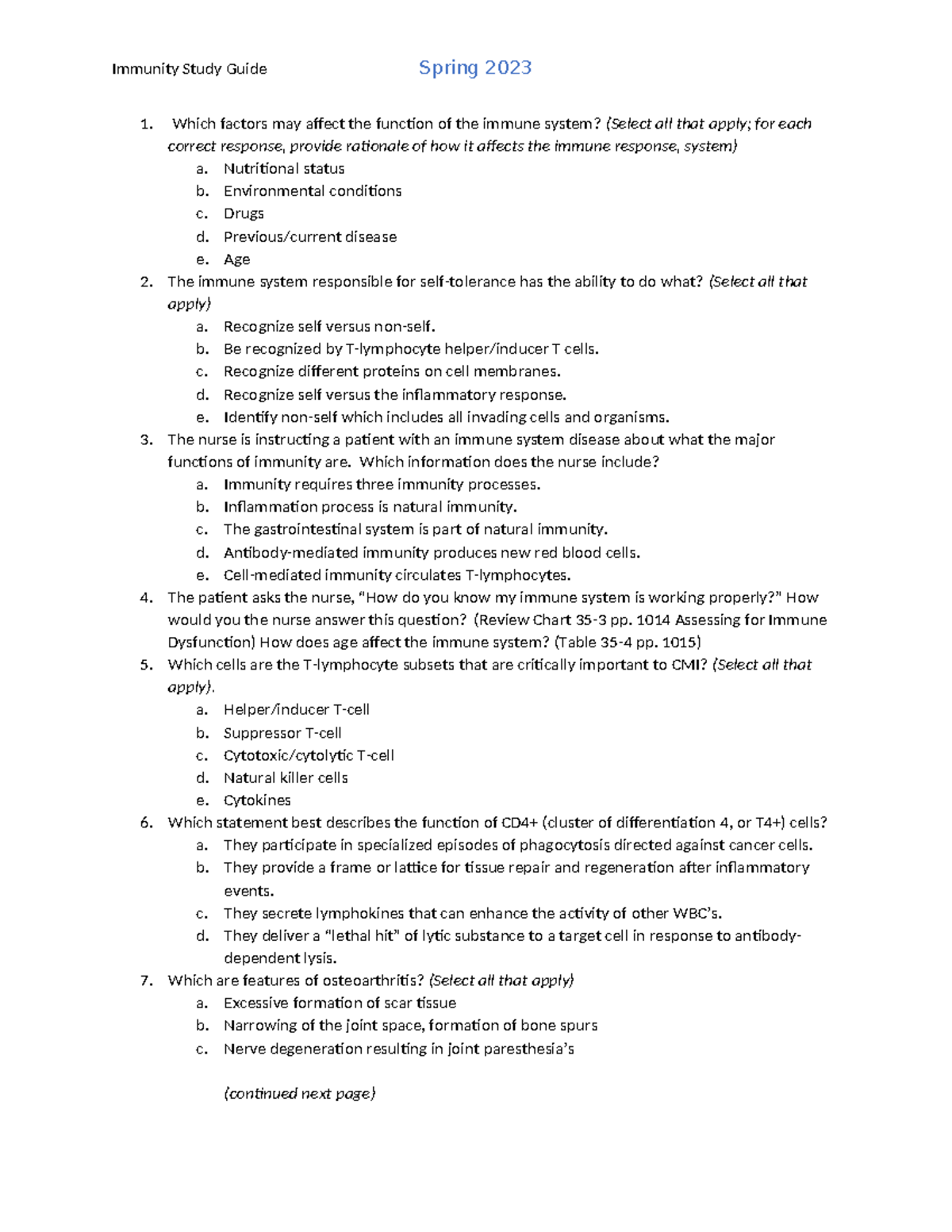 Immunity Study Guide (Spring 2023) - Key Concepts & Factors - Studocu