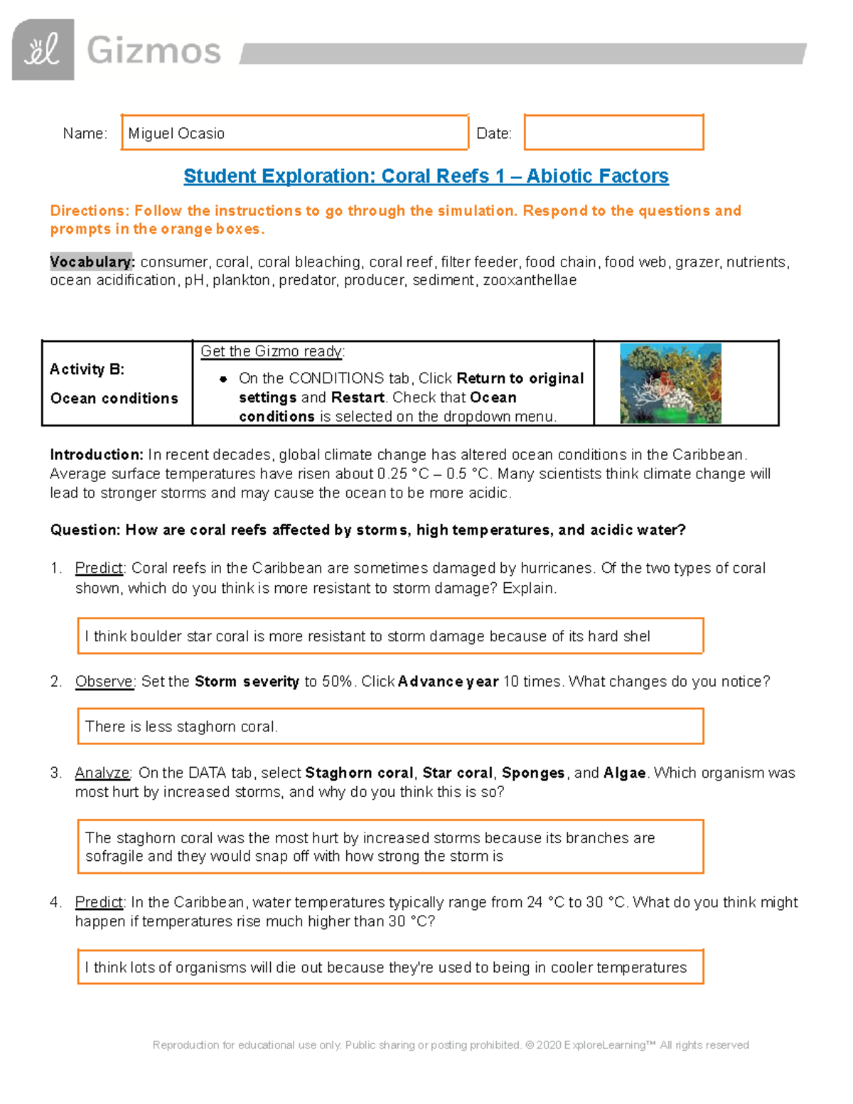 Coral Reef 1 Gizmo B - Exploring Abiotic Factors Affecting Reefs - Studocu