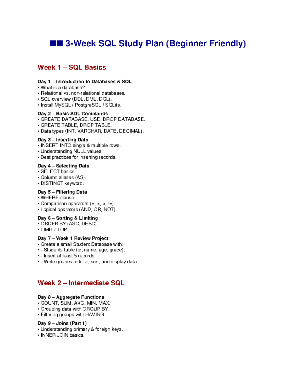 SQL 3 Week Course Study Plan: Beginner to Advanced SQL - Studocu