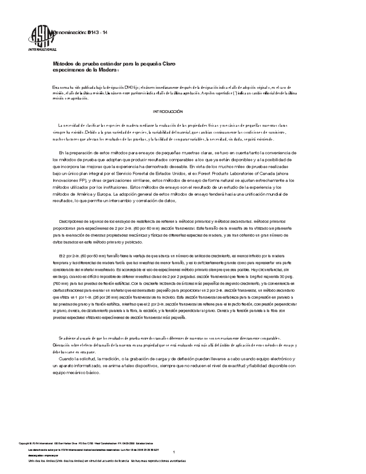 Métodos de Prueba Estándar ASTM D143 para Especímenes de Madera - Studocu